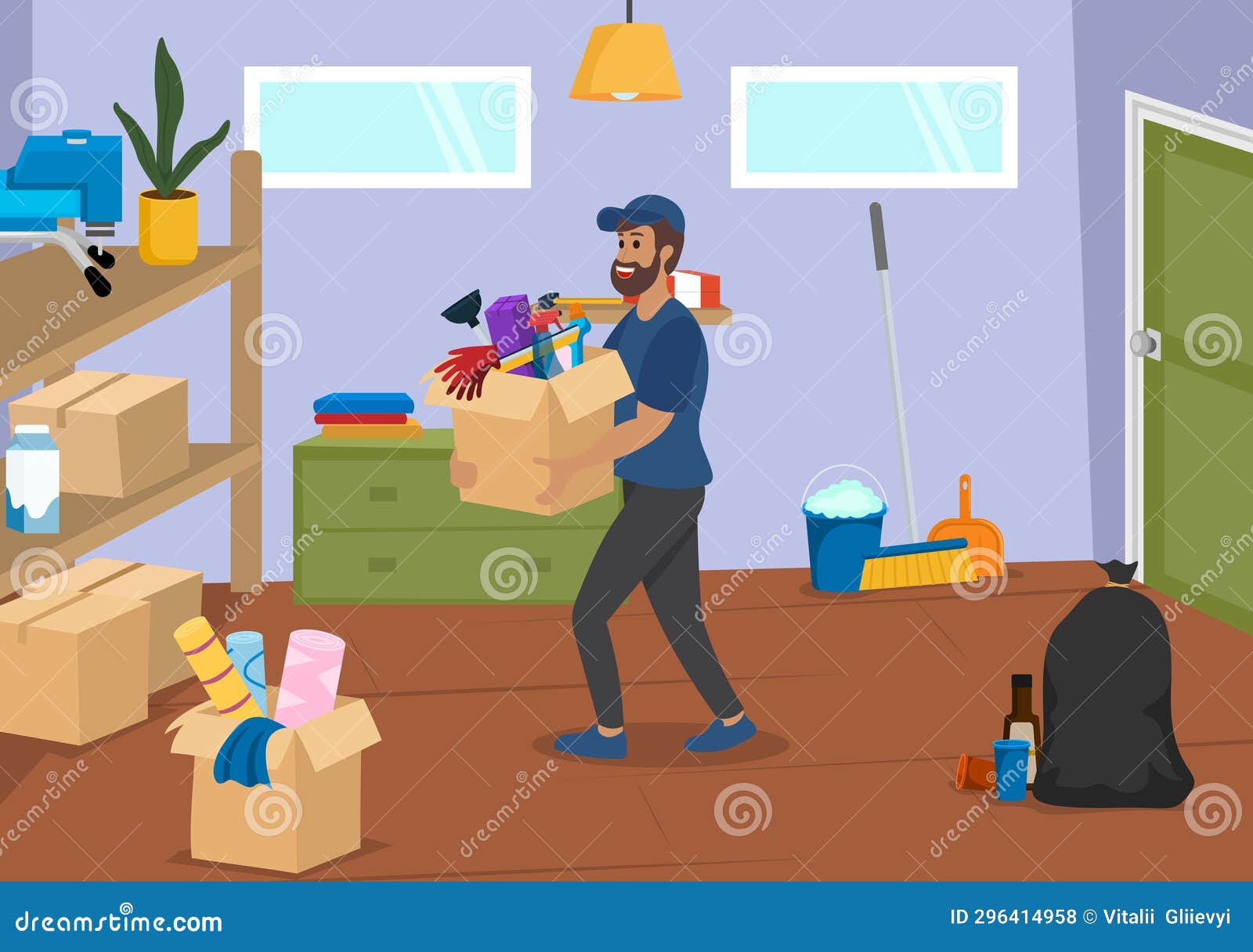 Smiling Young Man Cleaning House. Stock Illustration - Illustration of ...