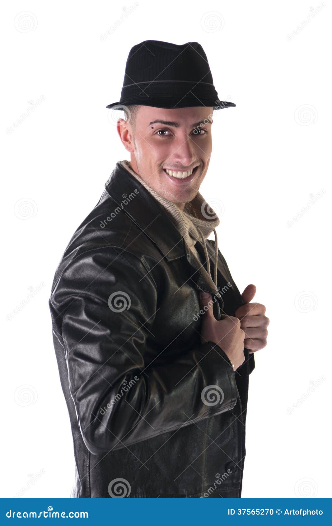 Smiling Young Man with Fedora Hat and Leather Coat Stock Photo - Image ...