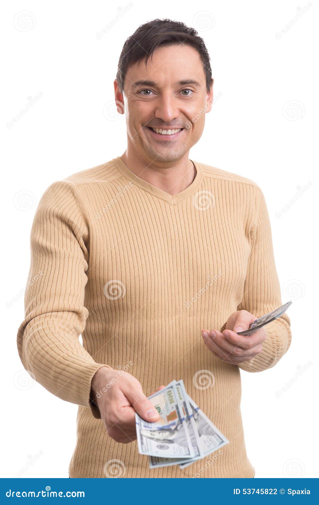 Smiling Young Man Giving Dollar Bills Stock Photo - Image of business ...