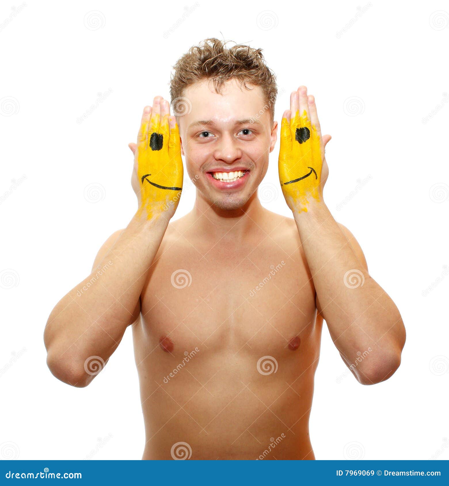 Smiling Young Man with Hands Painted with Yellow Stock Image - Image of ...