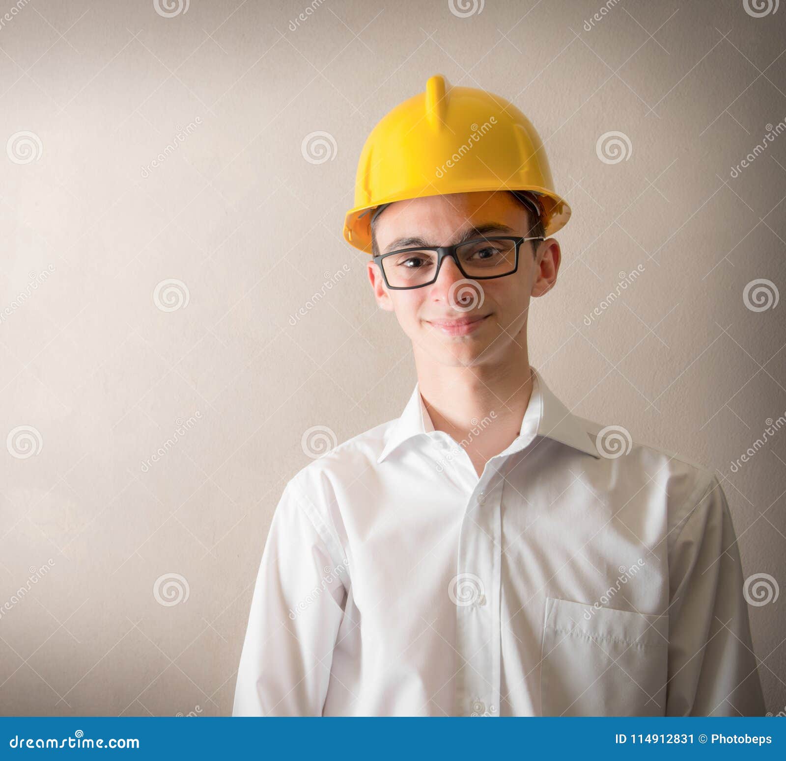 Young Man with in Head Protective Helmet Stock Image - Image of future ...