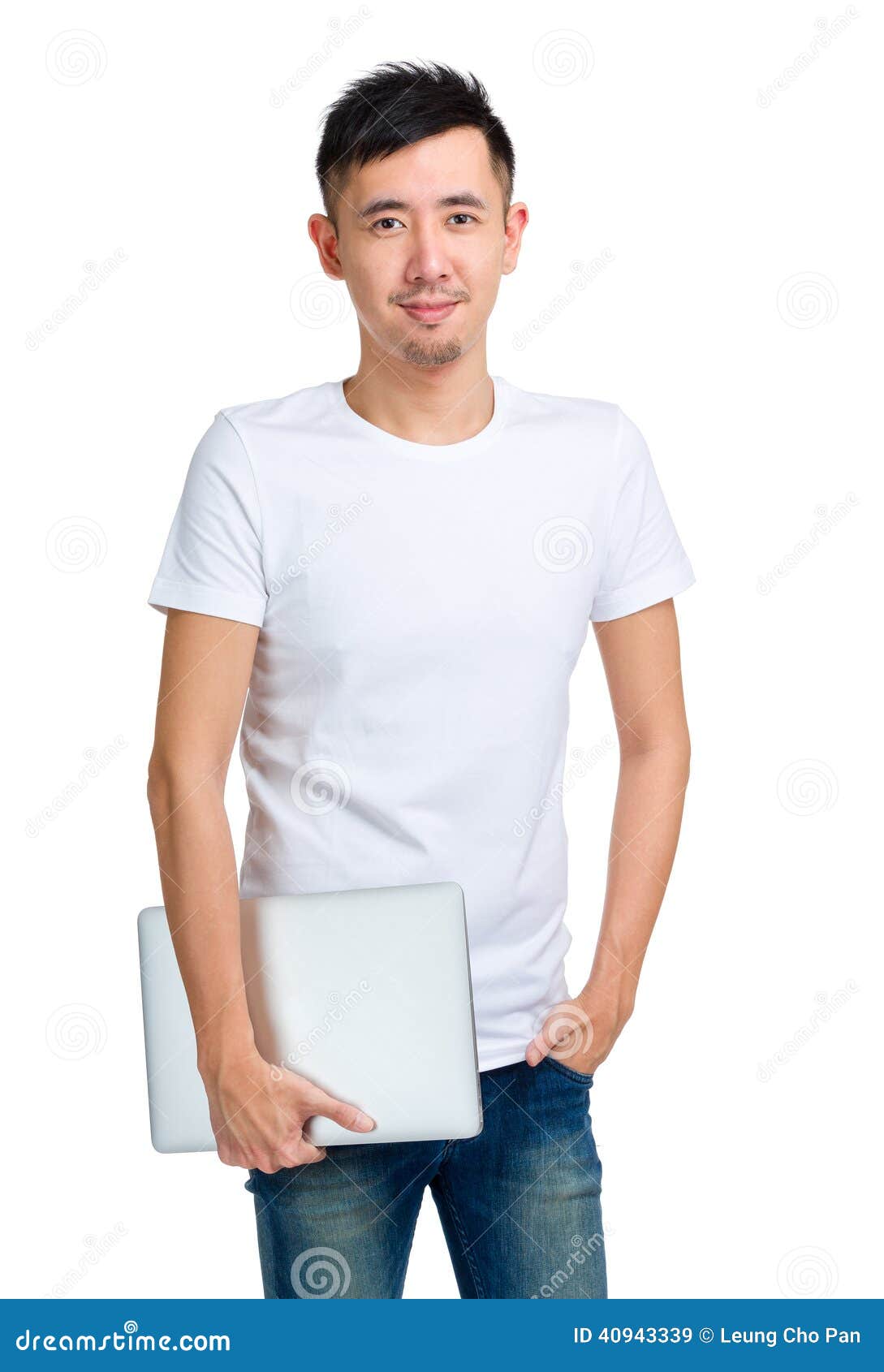 Smiling Young Man Holding Computer Stock Image - Image of person ...