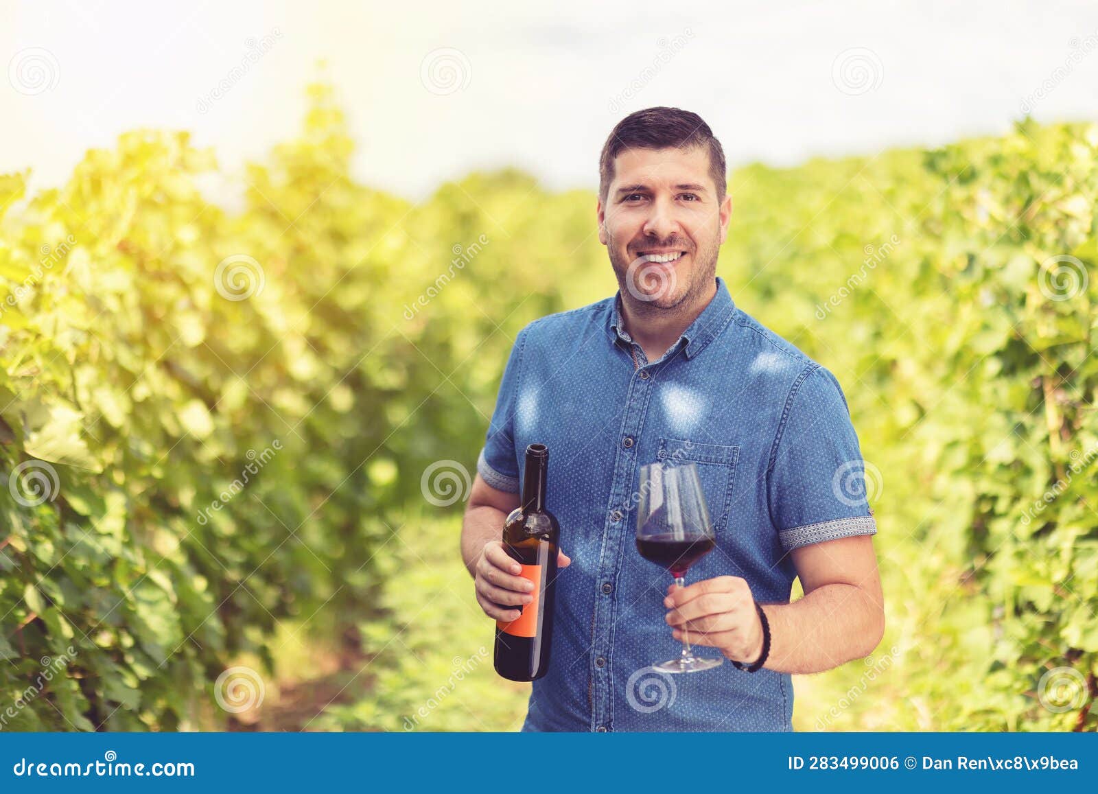 Smiling Young Man Holding Glass and Bottle of Wine in Vineyard Stock ...