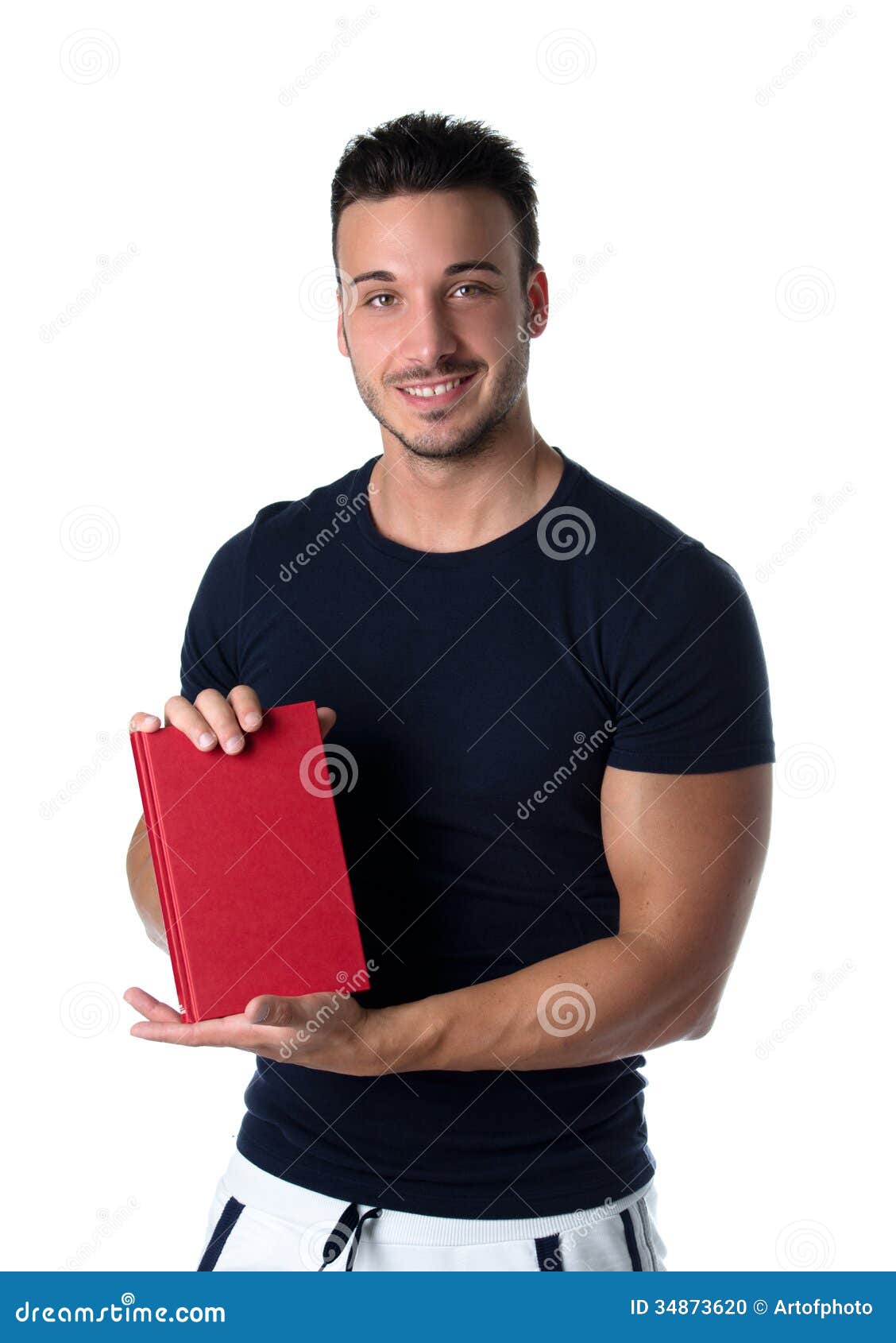 Smiling Young Man Holding and Showing Book Cover Stock Photo - Image of ...