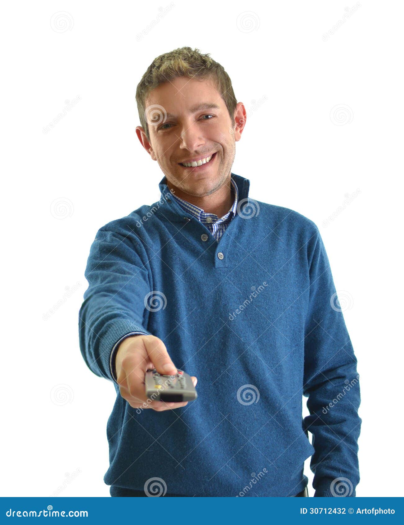 Smiling Young Man Pointing TV Remote Control Stock Photo - Image of ...