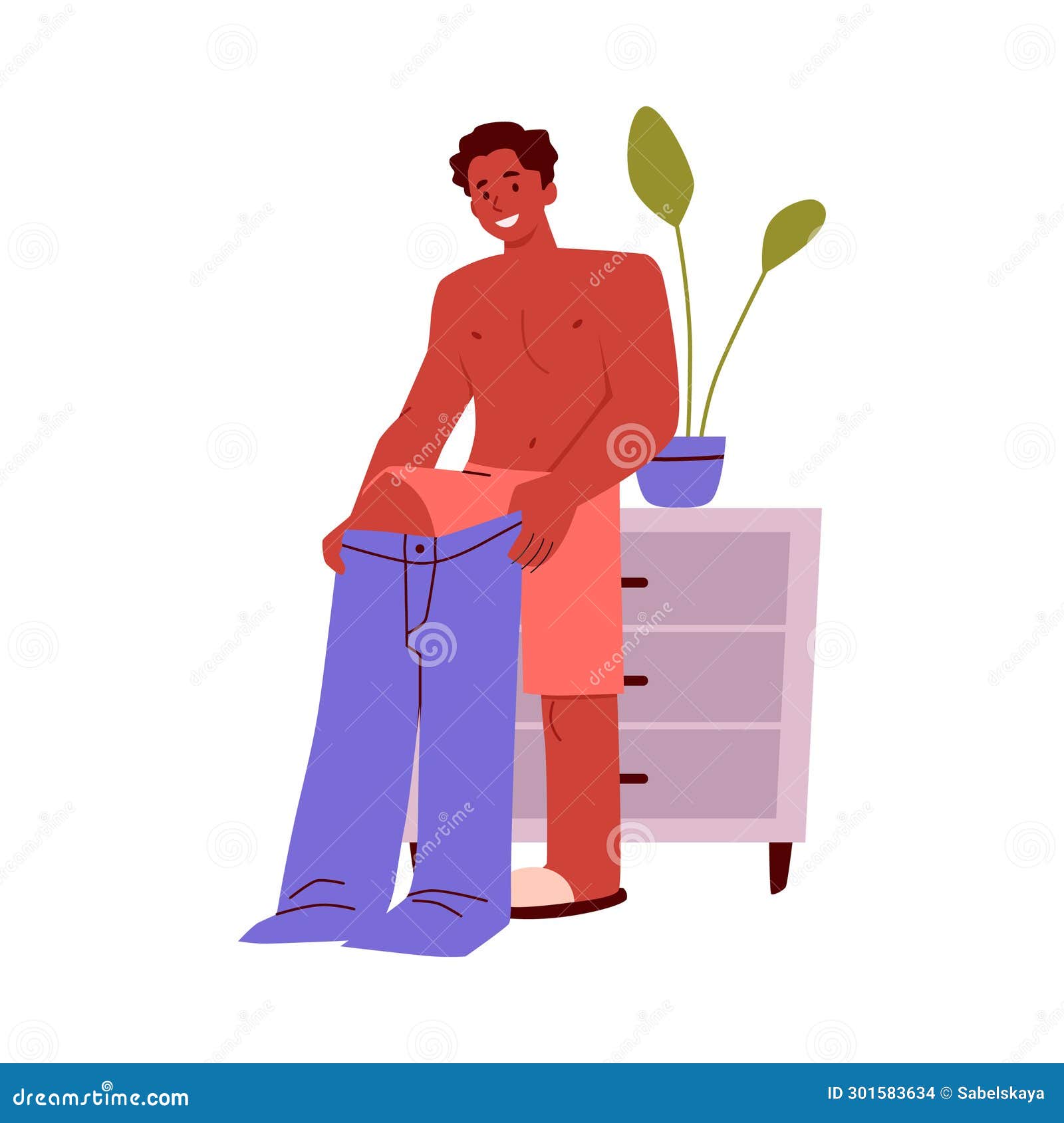 Smiling Young Man Puts on Pants Flat Style, Vector Illustration Stock ...