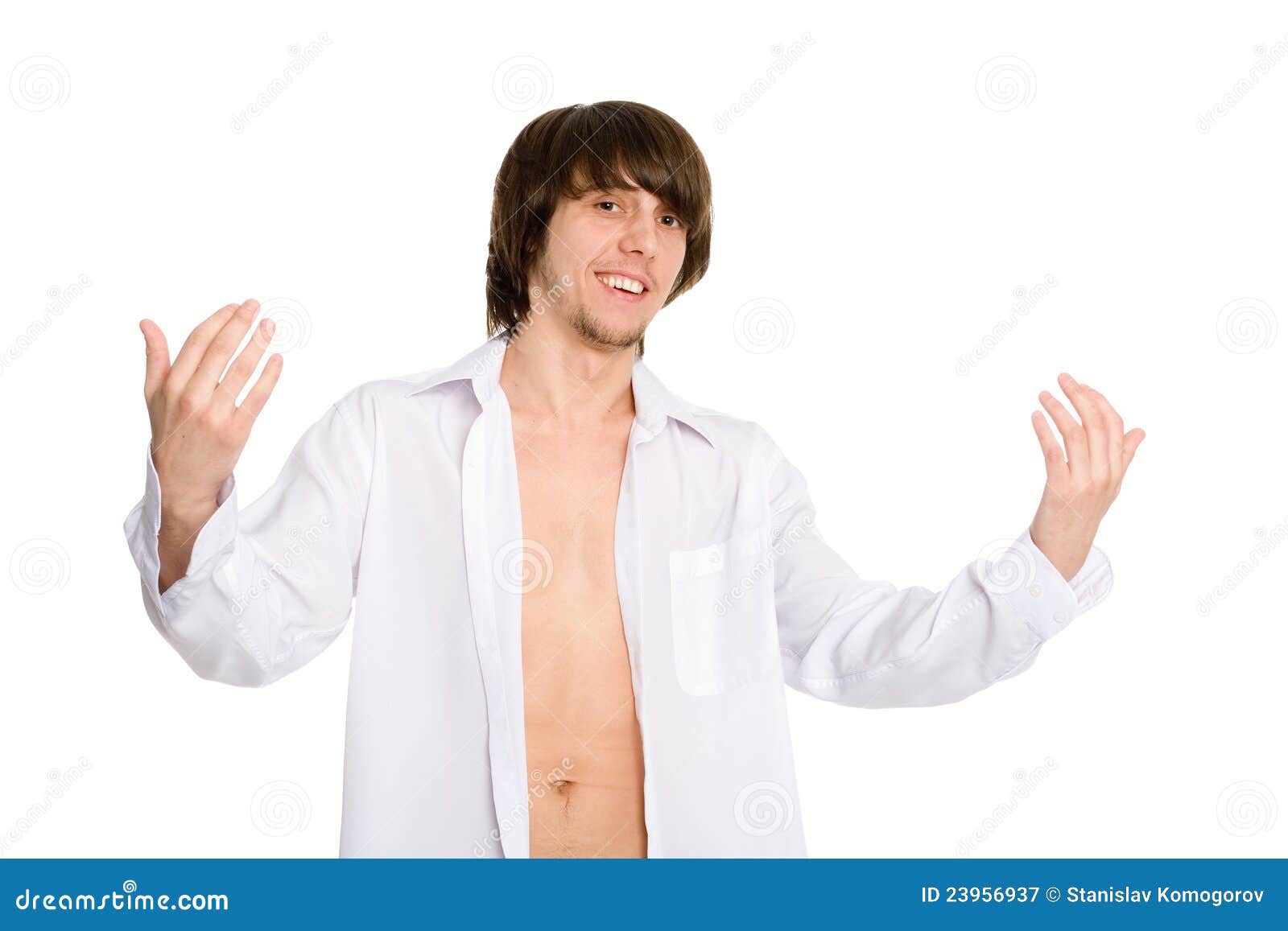 Smiling Young Man with Raised Hands Stock Image - Image of joyful ...