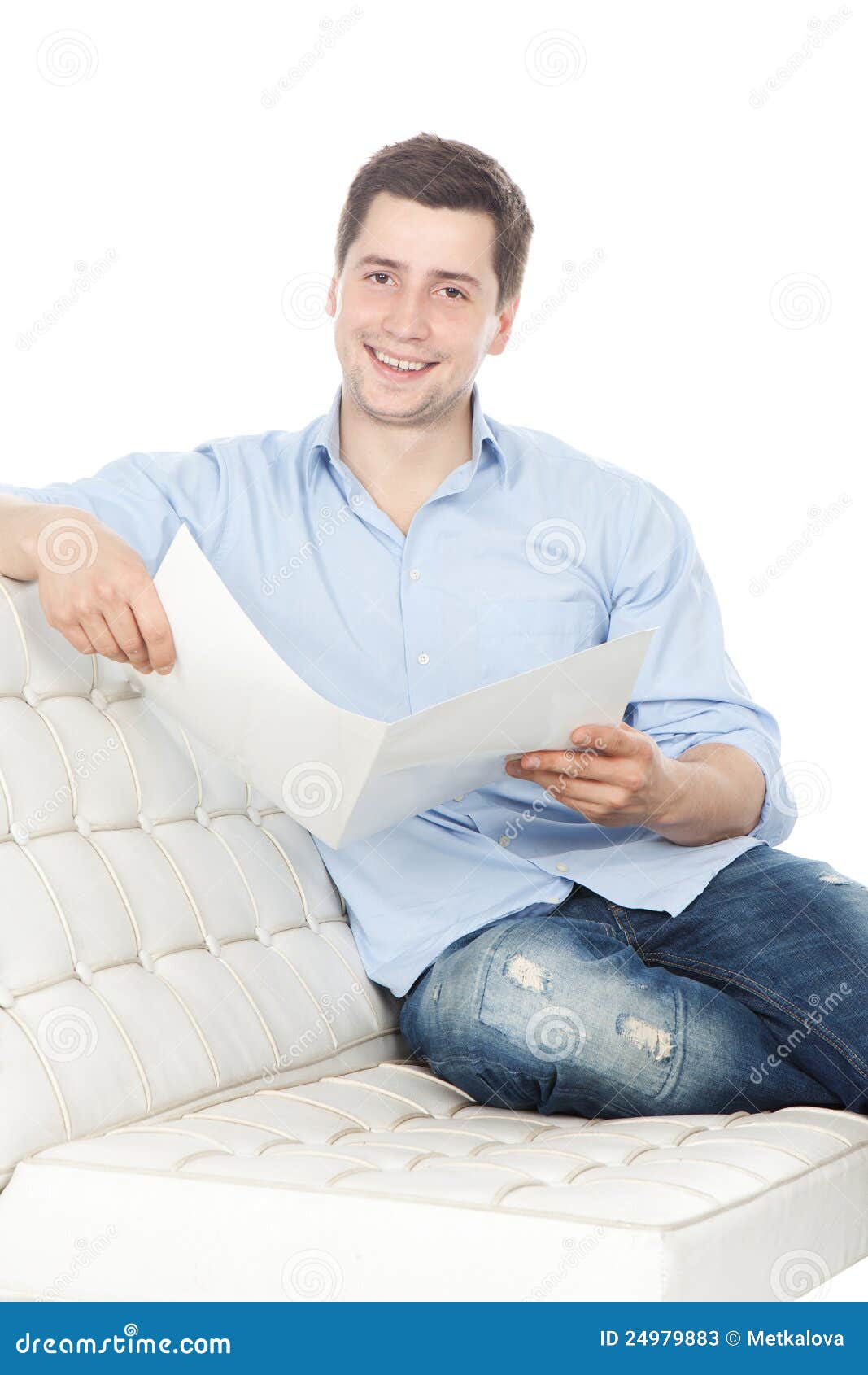 Smiling Young Man Reading Documents Over White Stock Image - Image of ...