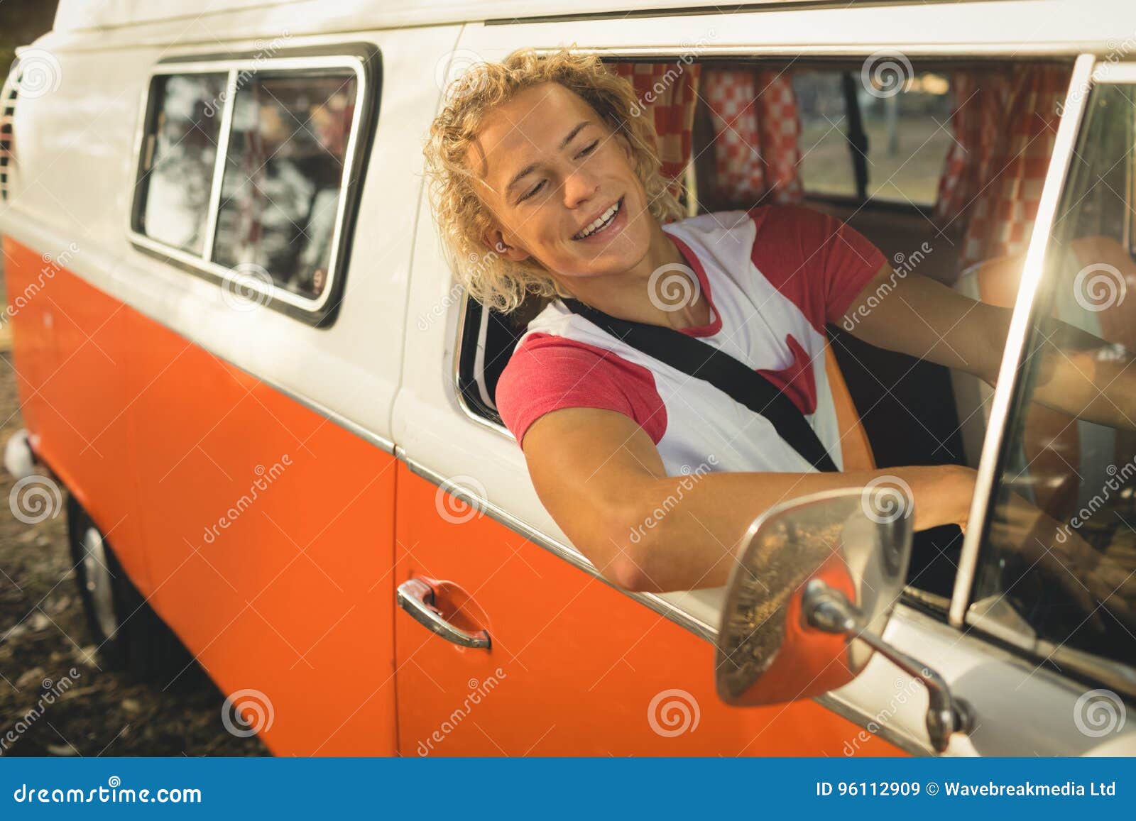 Smiling Young Man Sitting in Camper Van Stock Image - Image of ...