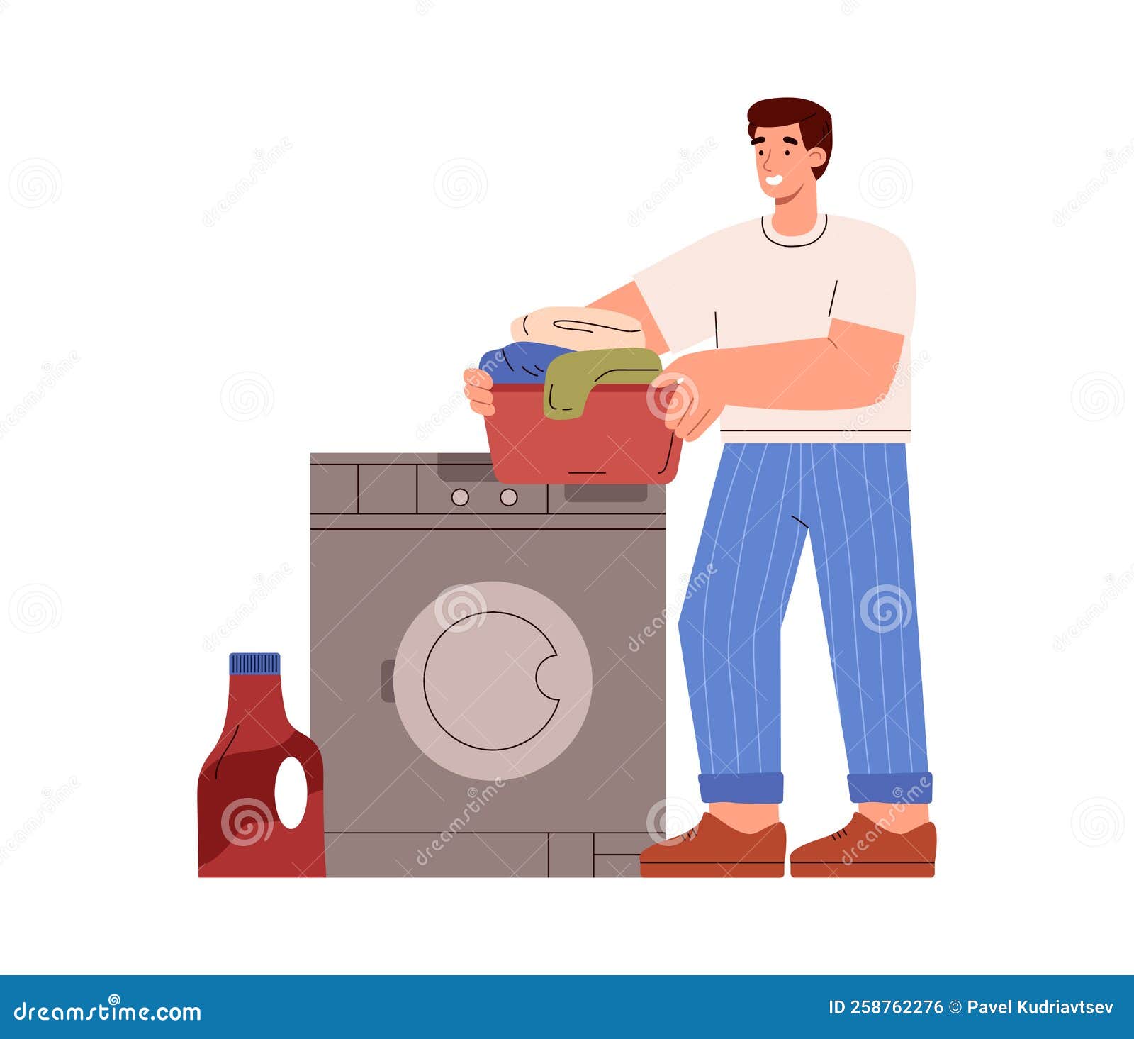 Smiling Young Man Washes Clothes Flat Style, Vector Illustration Stock ...