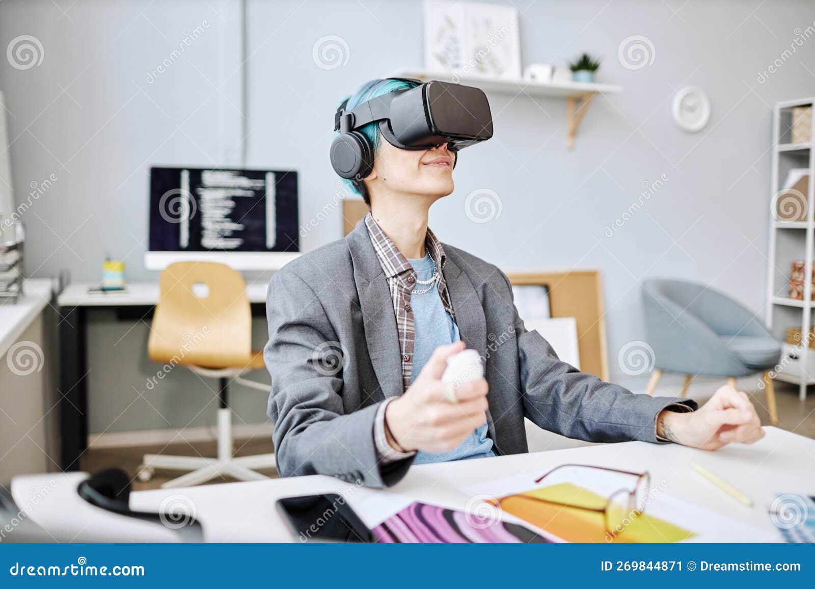Smiling Young Man Wearing VR Headset in Office Stock Image - Image of ...