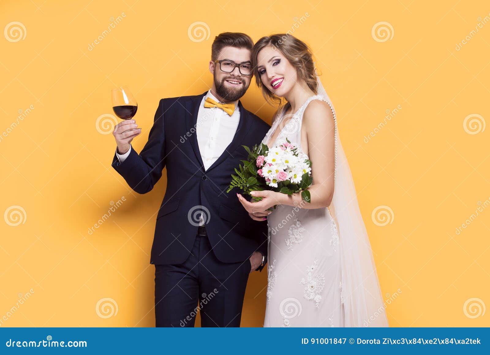 Smiling Young Newly Married on a Yellow Background Stock Image - Image ...