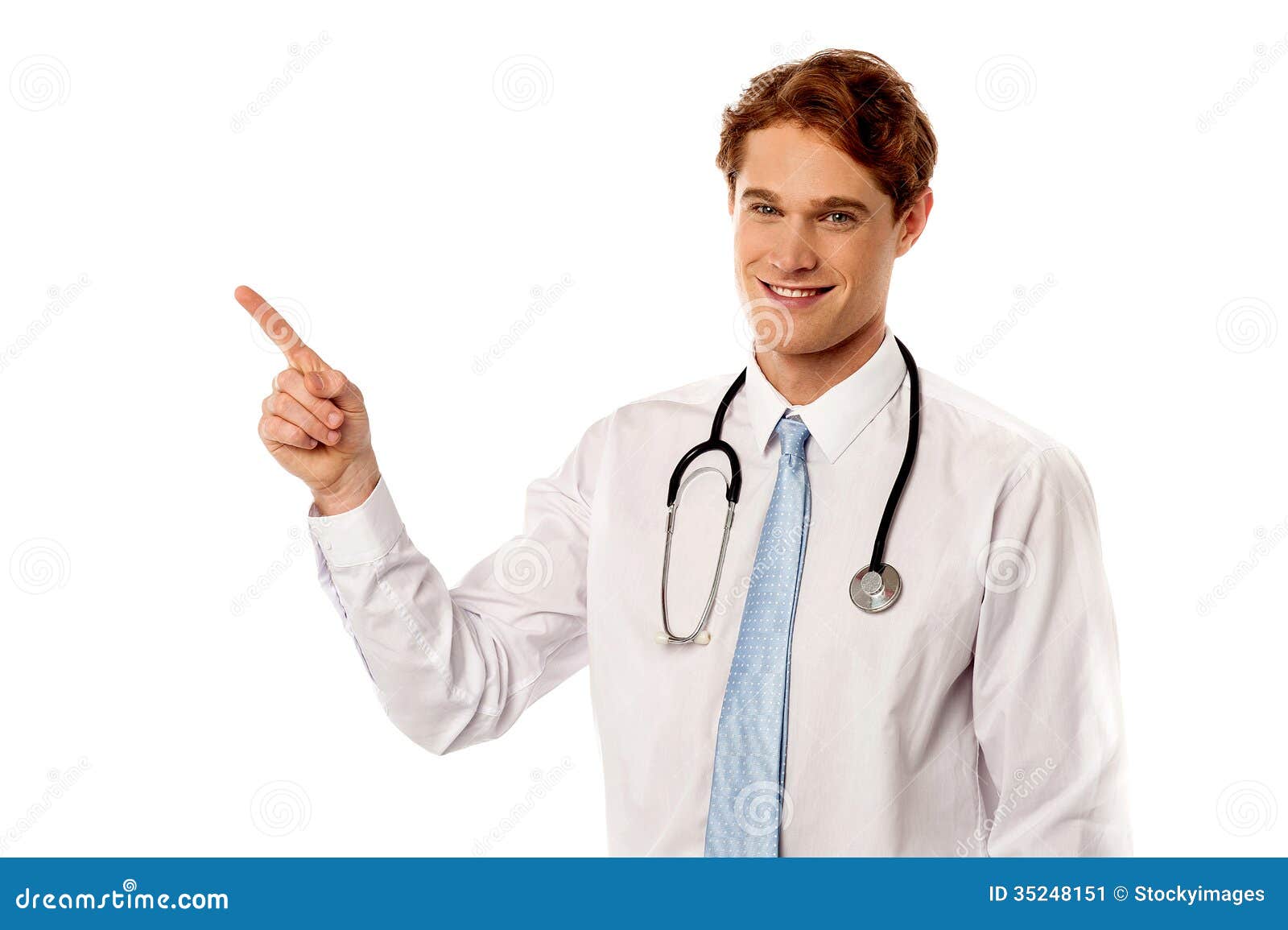 Smiling Young Physician Pointing Away Stock Image - Image of single ...