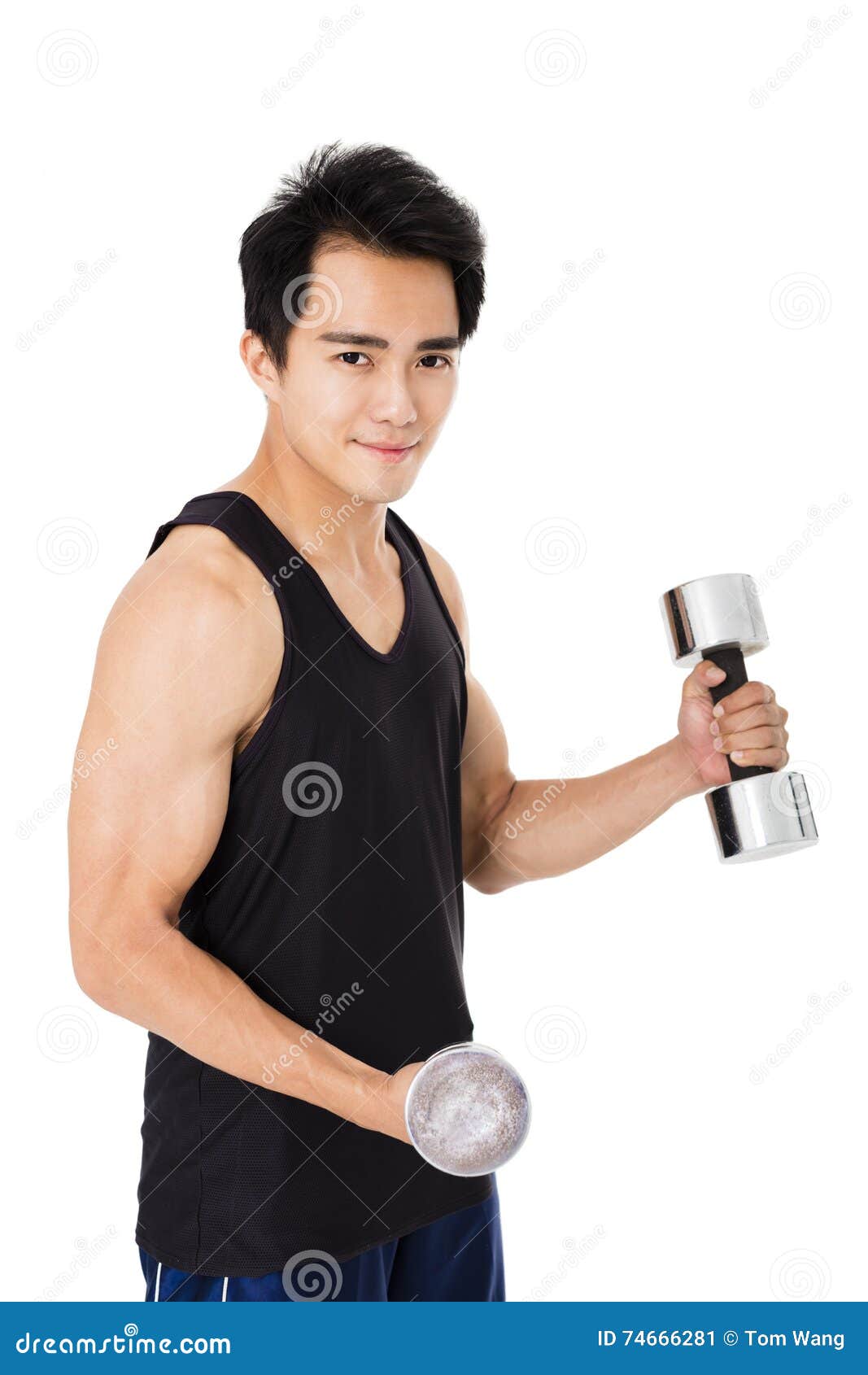 Smiling Young Strong Man with Dumbbells Stock Image - Image of ...