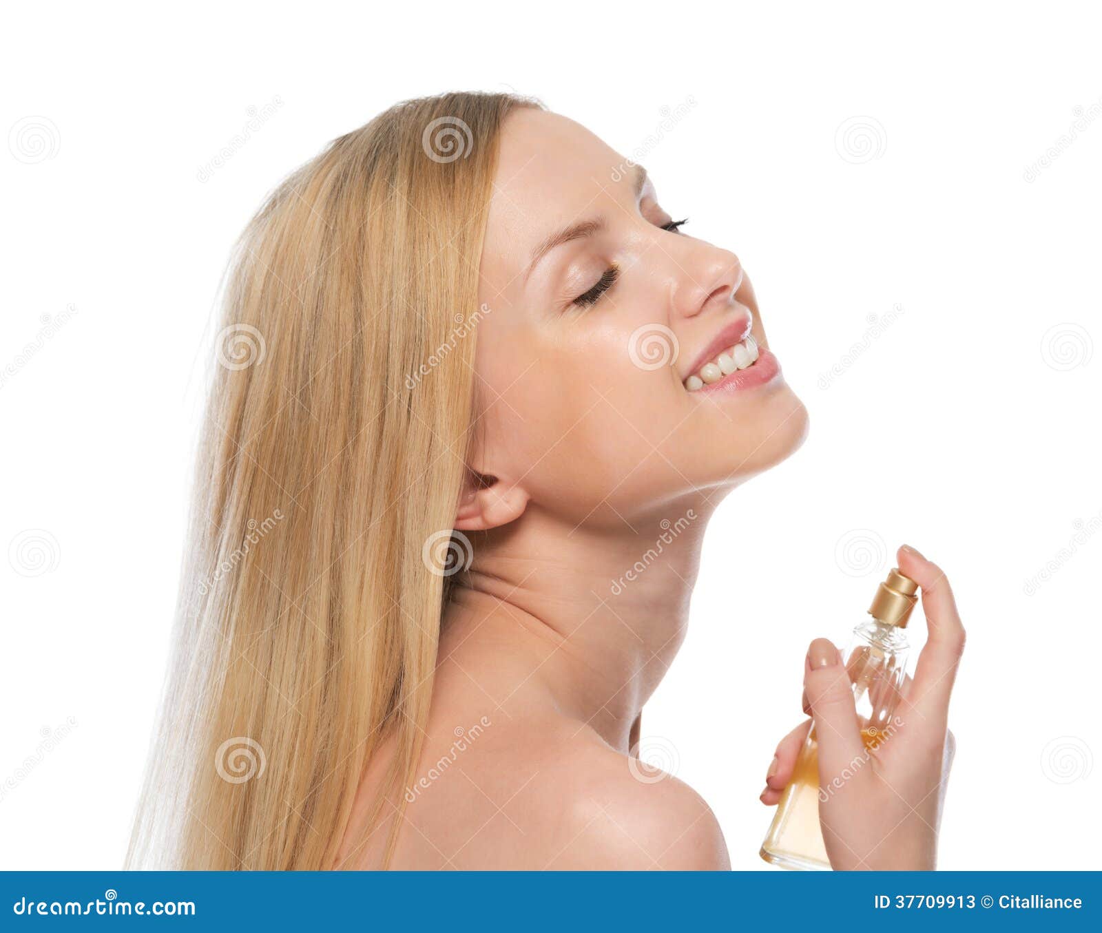 Smiling Young Woman Applying Perfume Stock Image - Image of beautiful ...