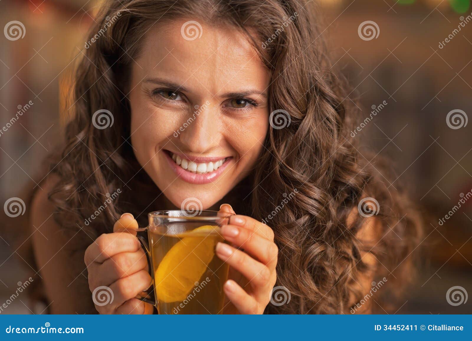 Smiling Young Woman Drinking Ginger Tea with Lemon Stock Image - Image ...