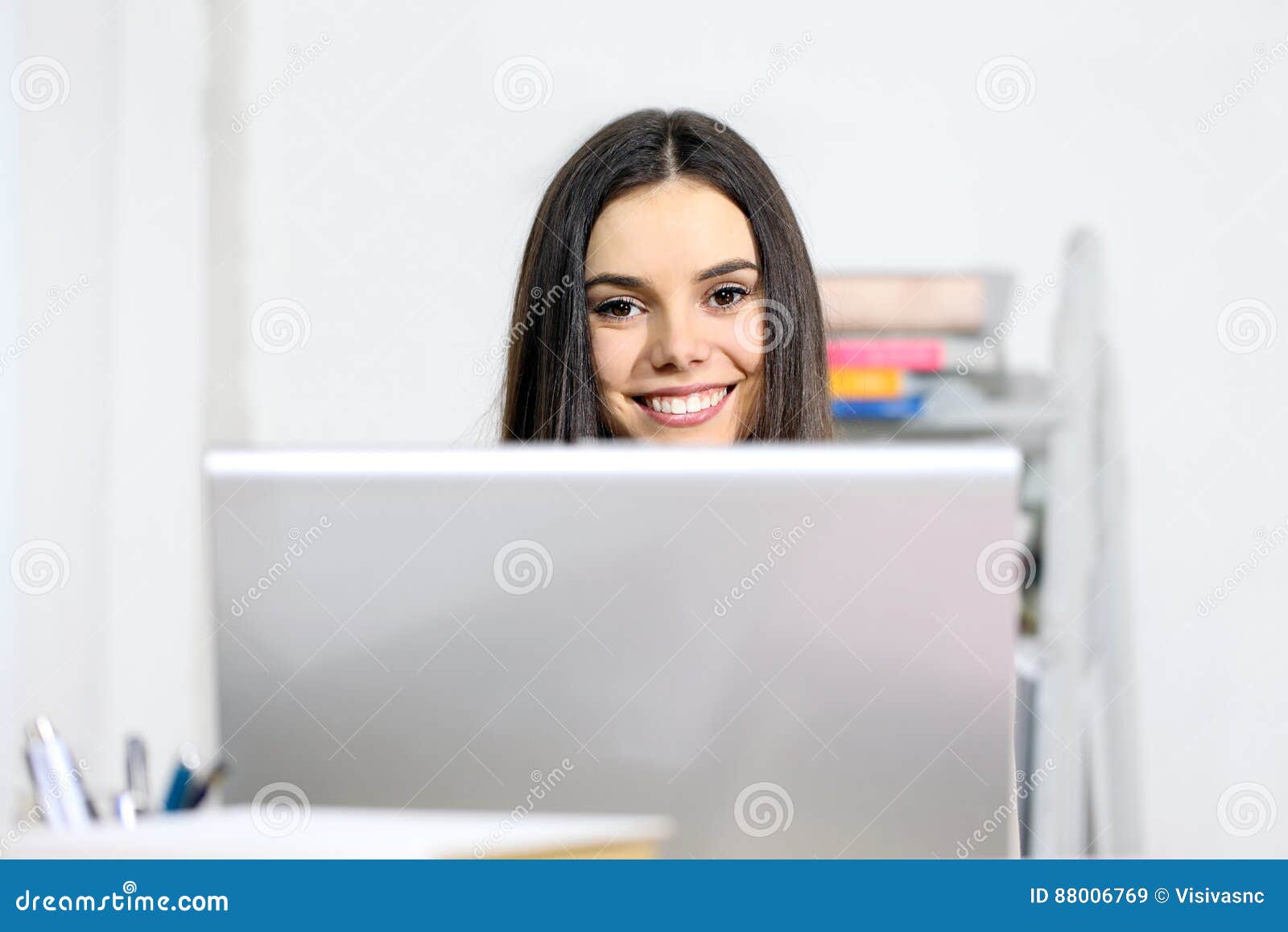 Smiling Young Woman in Front of Computer, Happy Messages Stock Image ...