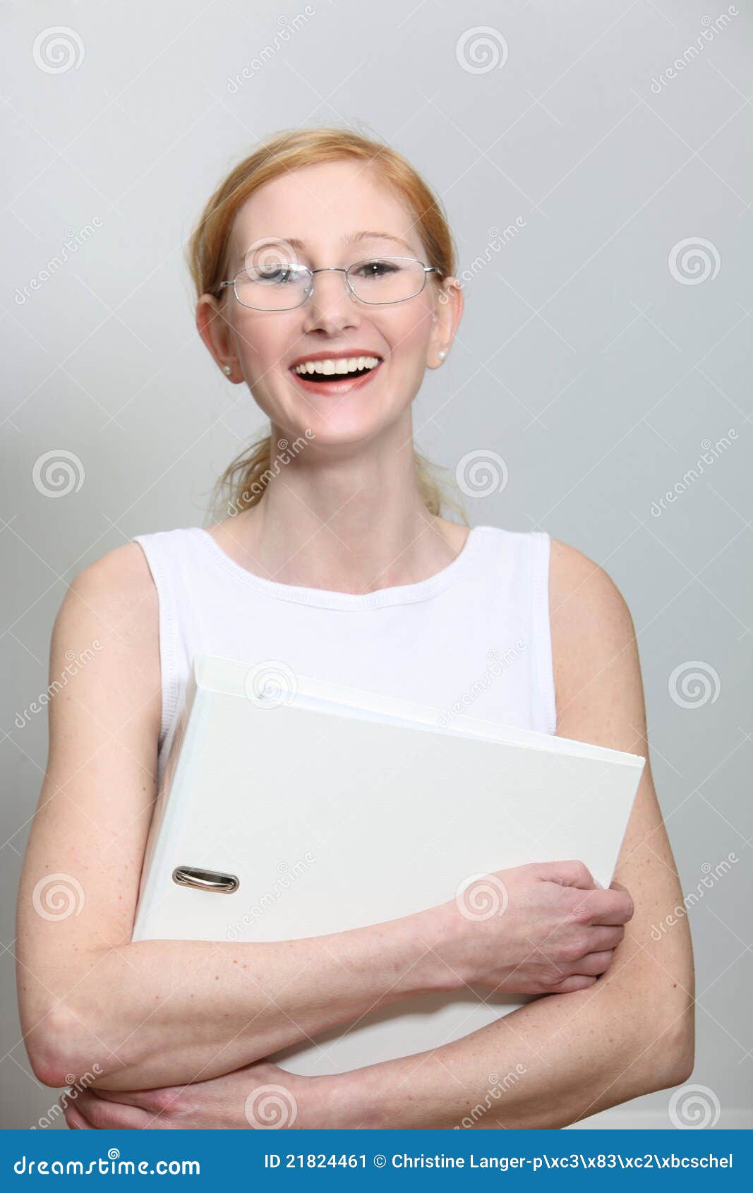 Smiling Young Woman with Glasses and File Folder Stock Image - Image of ...