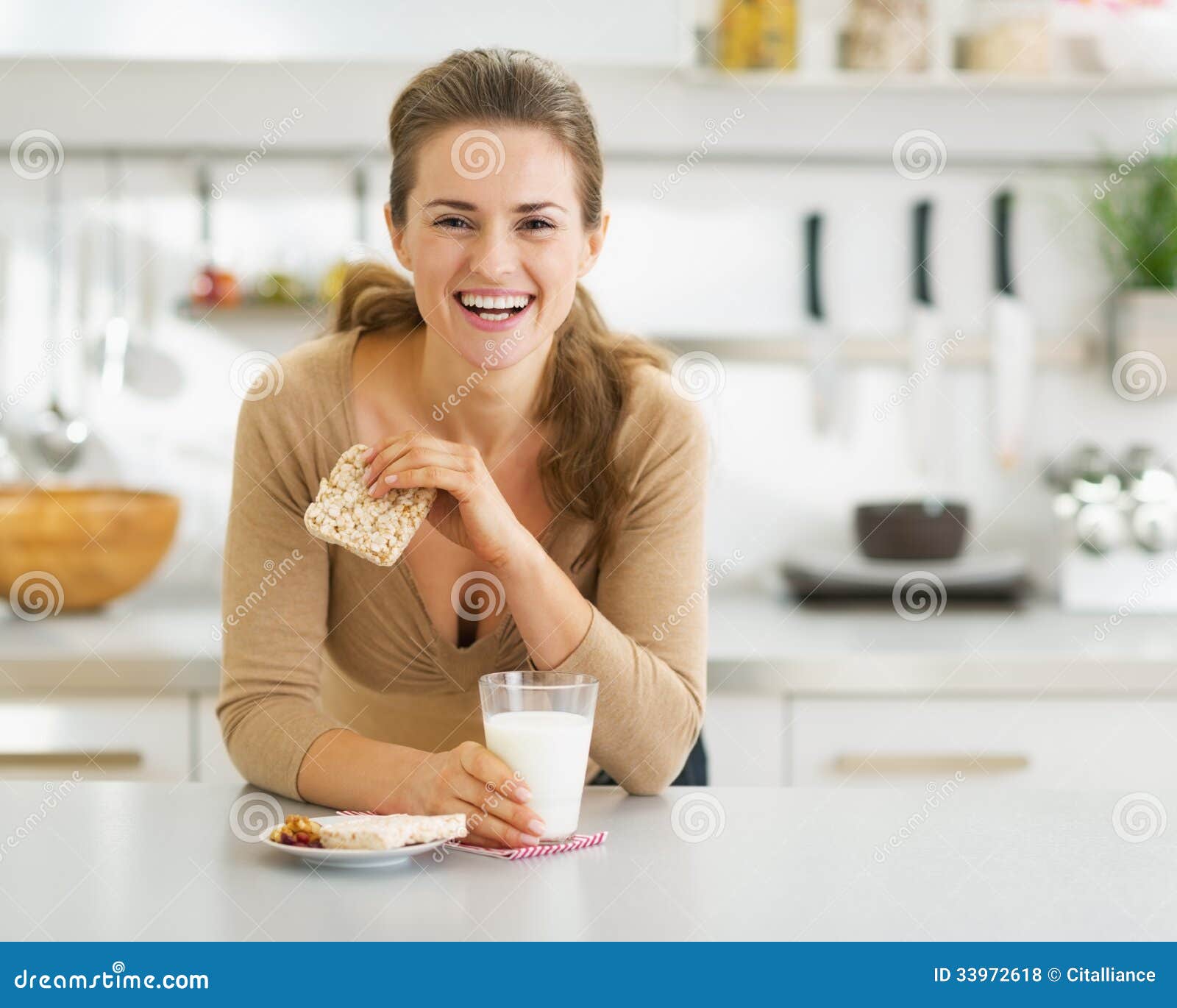 Smiling Young Woman Having Healthy Breakfast Stock Photo - Image of ...