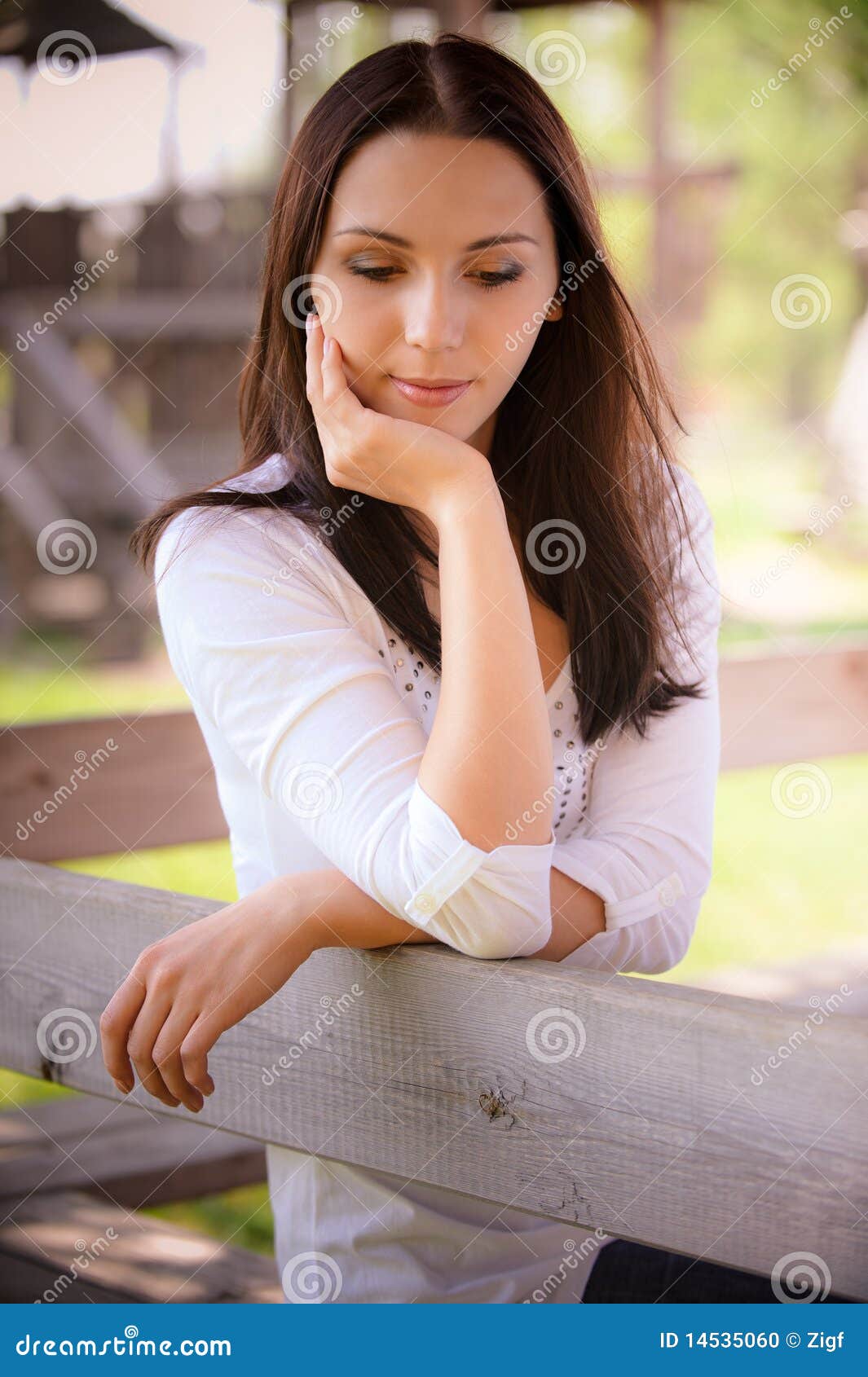 Smiling Young Woman Look Down Stock Photo - Image of beauty, nature ...