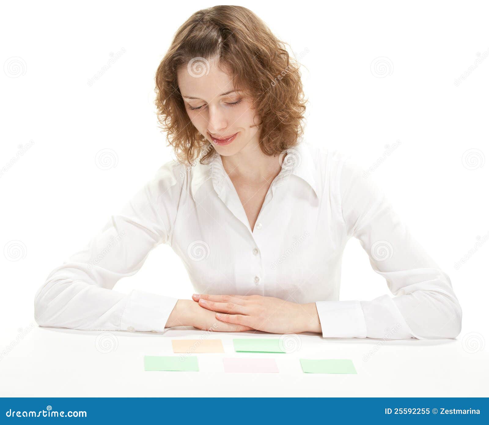 Smiling Young Woman Looking at Notes Stock Image - Image of single ...