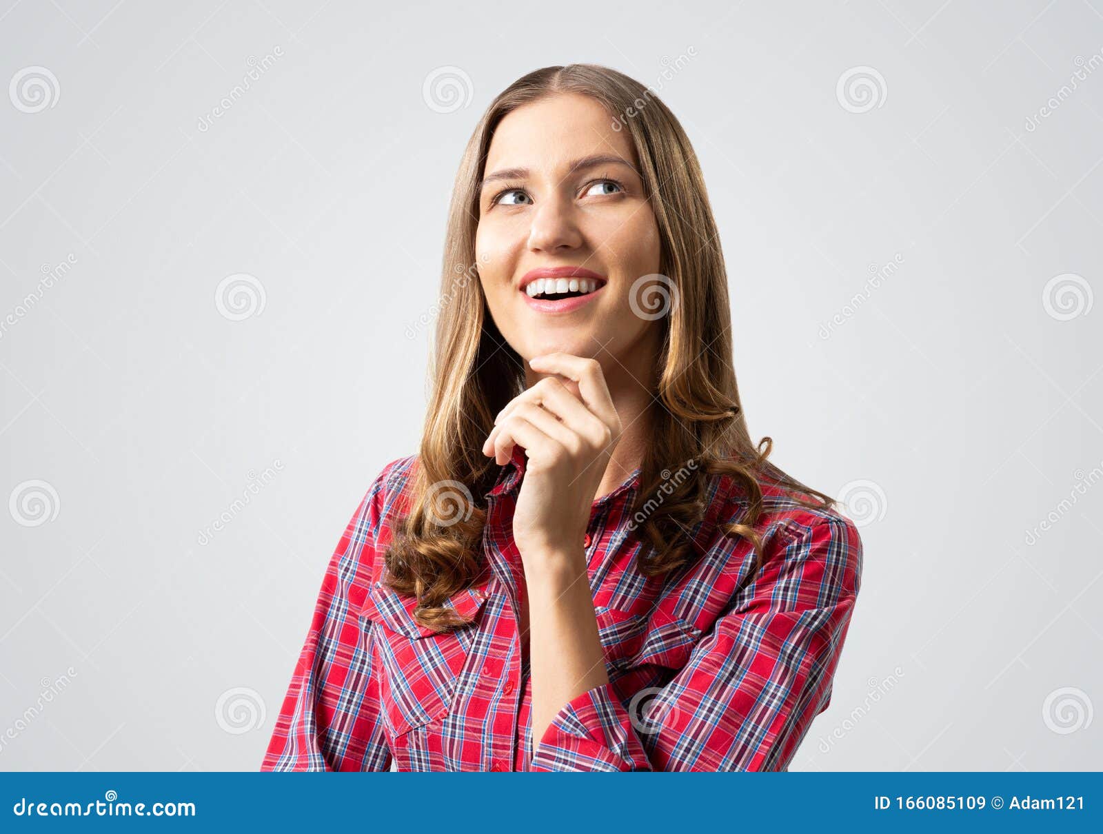Smiling Young Woman Looking Upward Stock Image Image Of Expressive