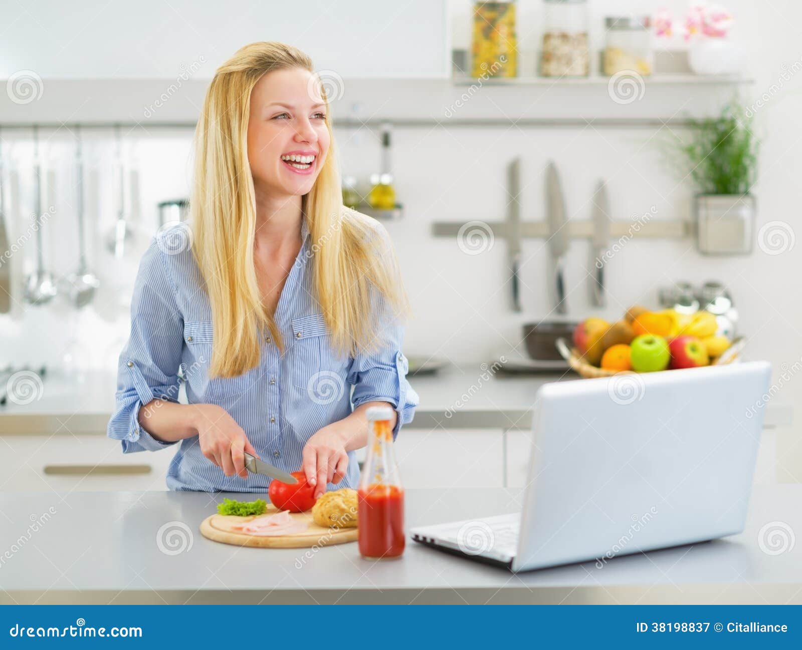 Smiling Young Woman Making Snacks in Kitchen Stock Image - Image of ...