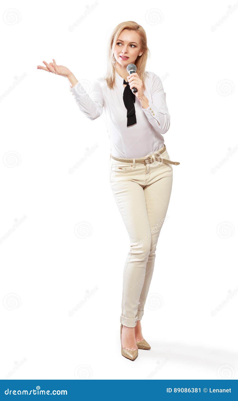 Smiling Young Woman With Microphone Stock Image Image Of Holding