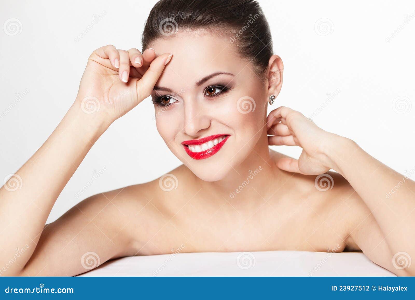 Smiling Young Woman Model with Glamour Red Lips Stock Photo - Image of ...