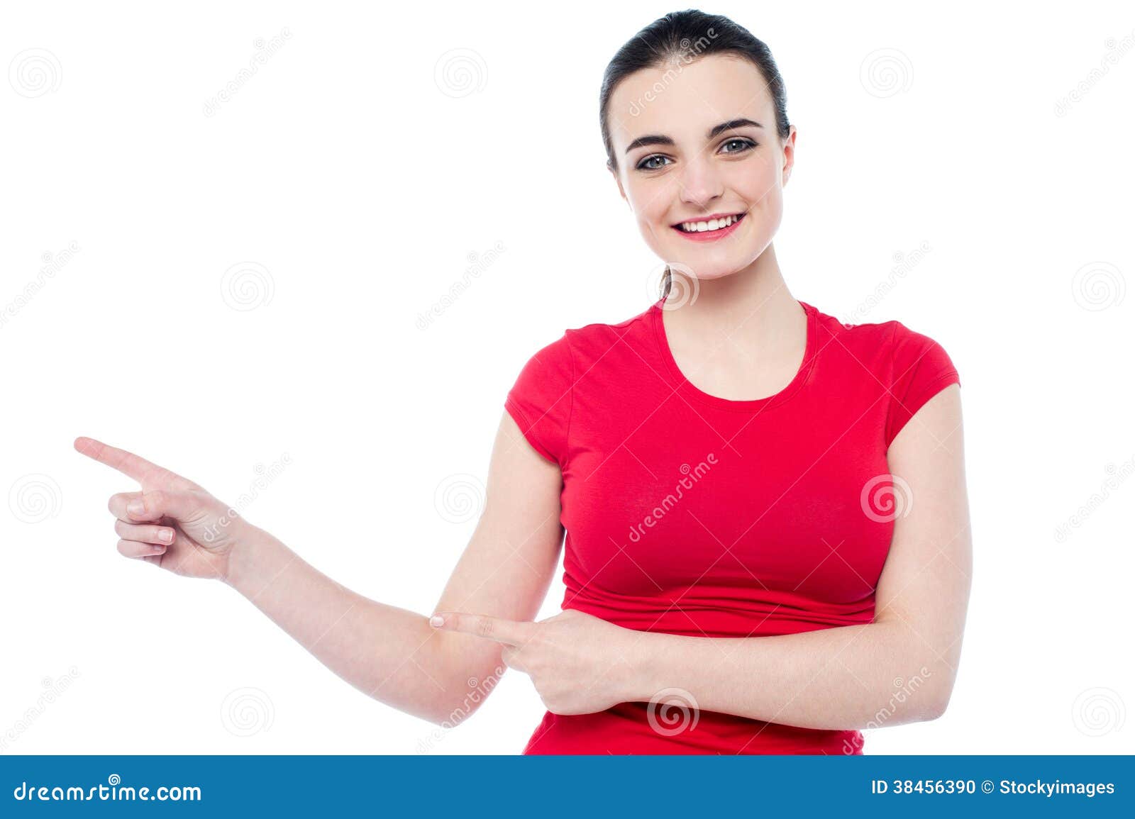 Smiling Young Woman Pointing To Her Right Stock Photo - Image of model ...