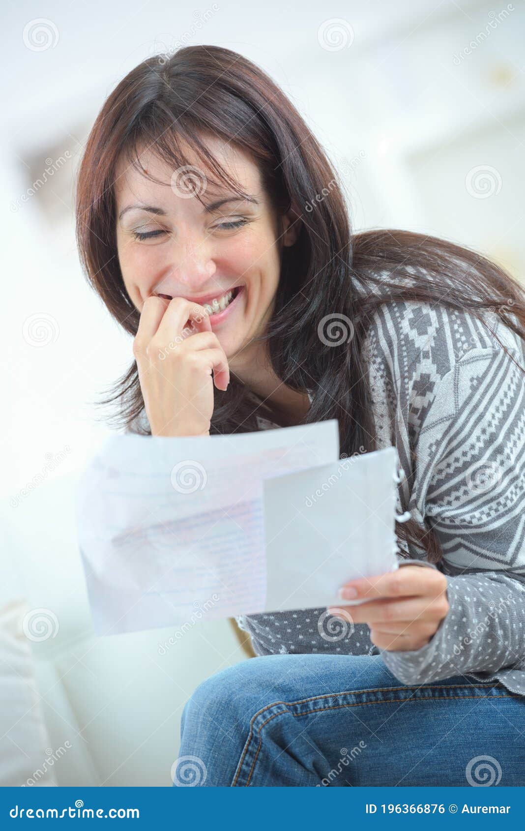Smiling Young Woman Reading Letter Stock Photo - Image of adult ...