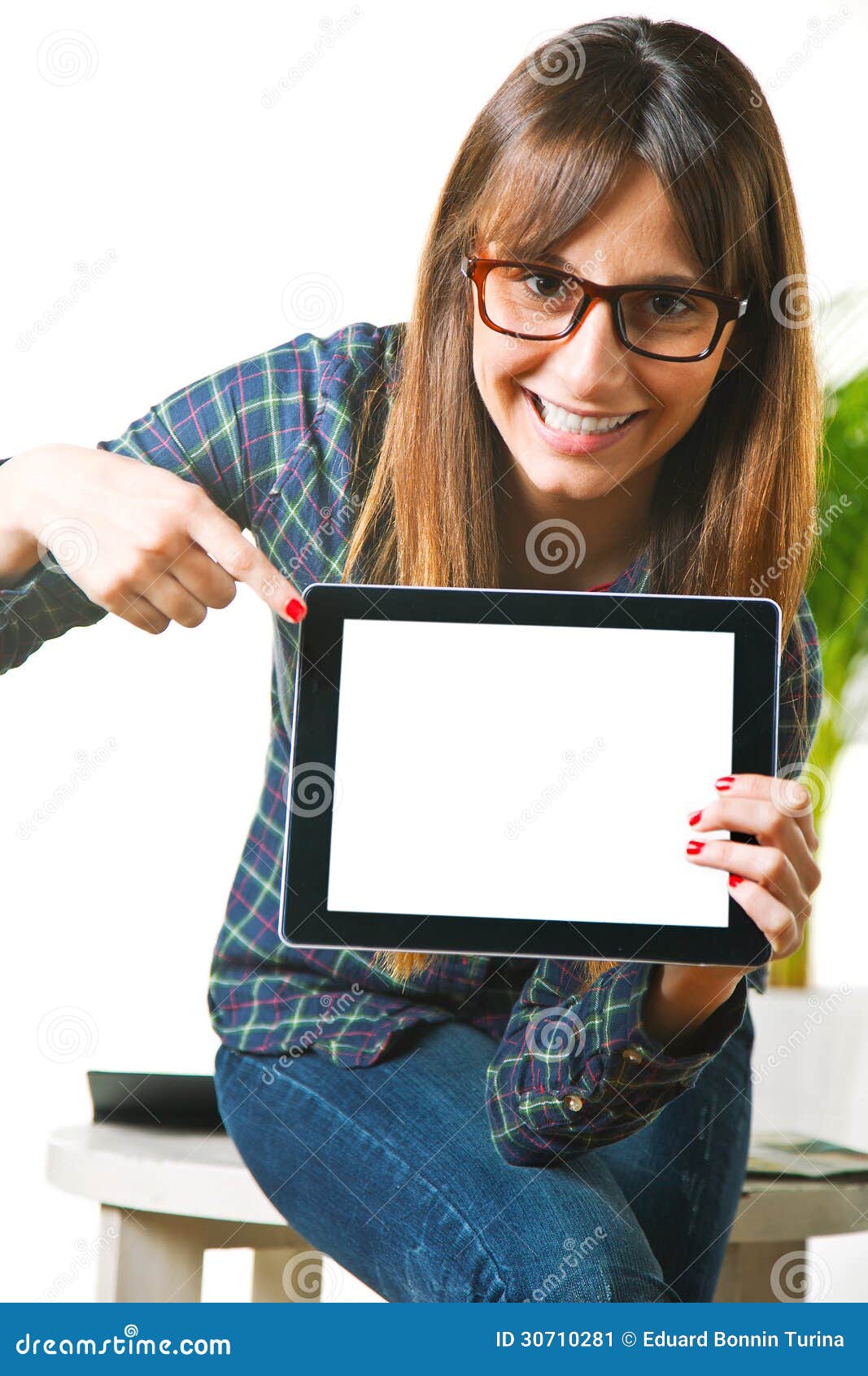 Smiling Young Woman Showing a Tablet Stock Image - Image of office ...