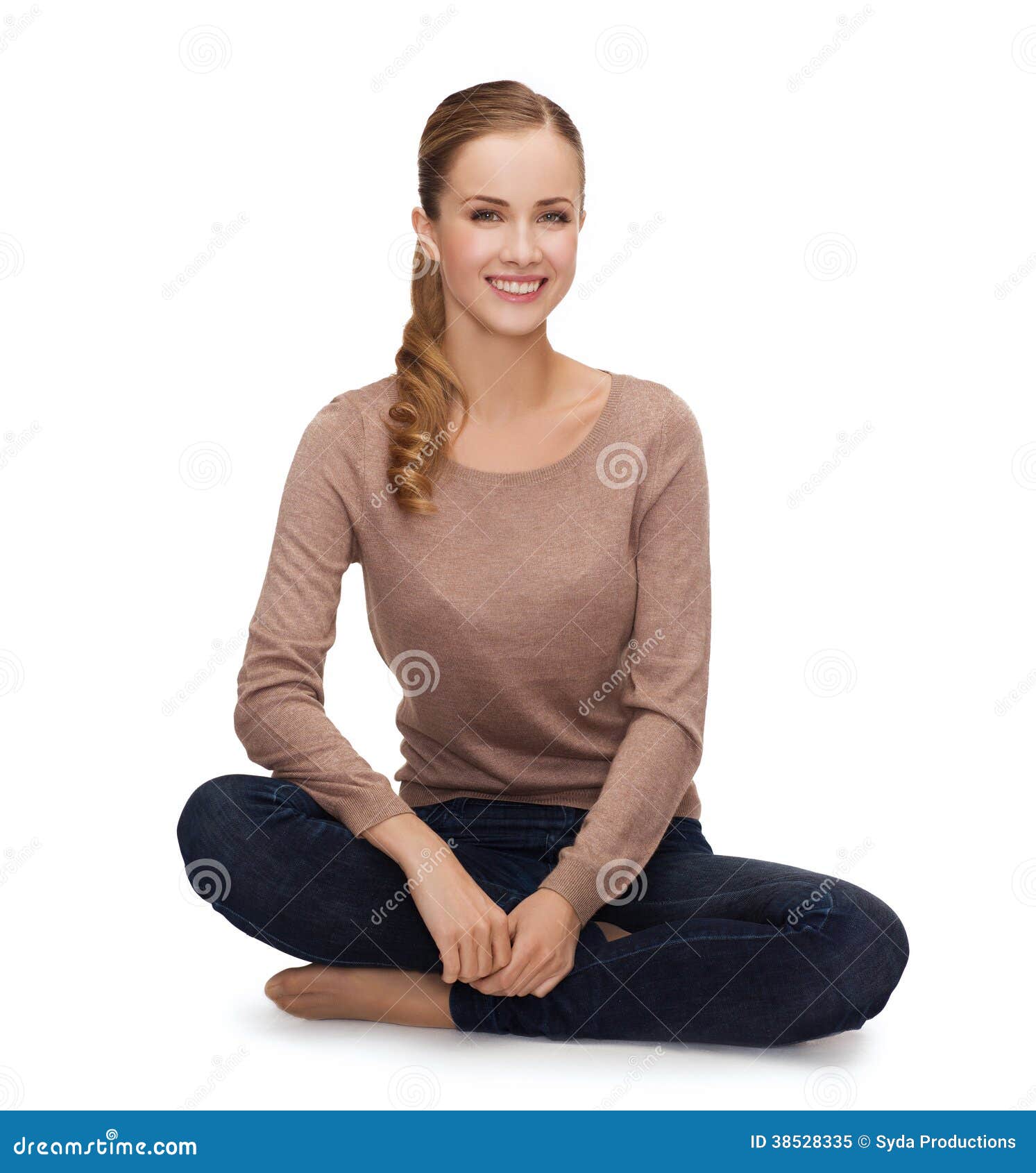 Smiling Young Woman Sitting on Floor Stock Image - Image of girl ...