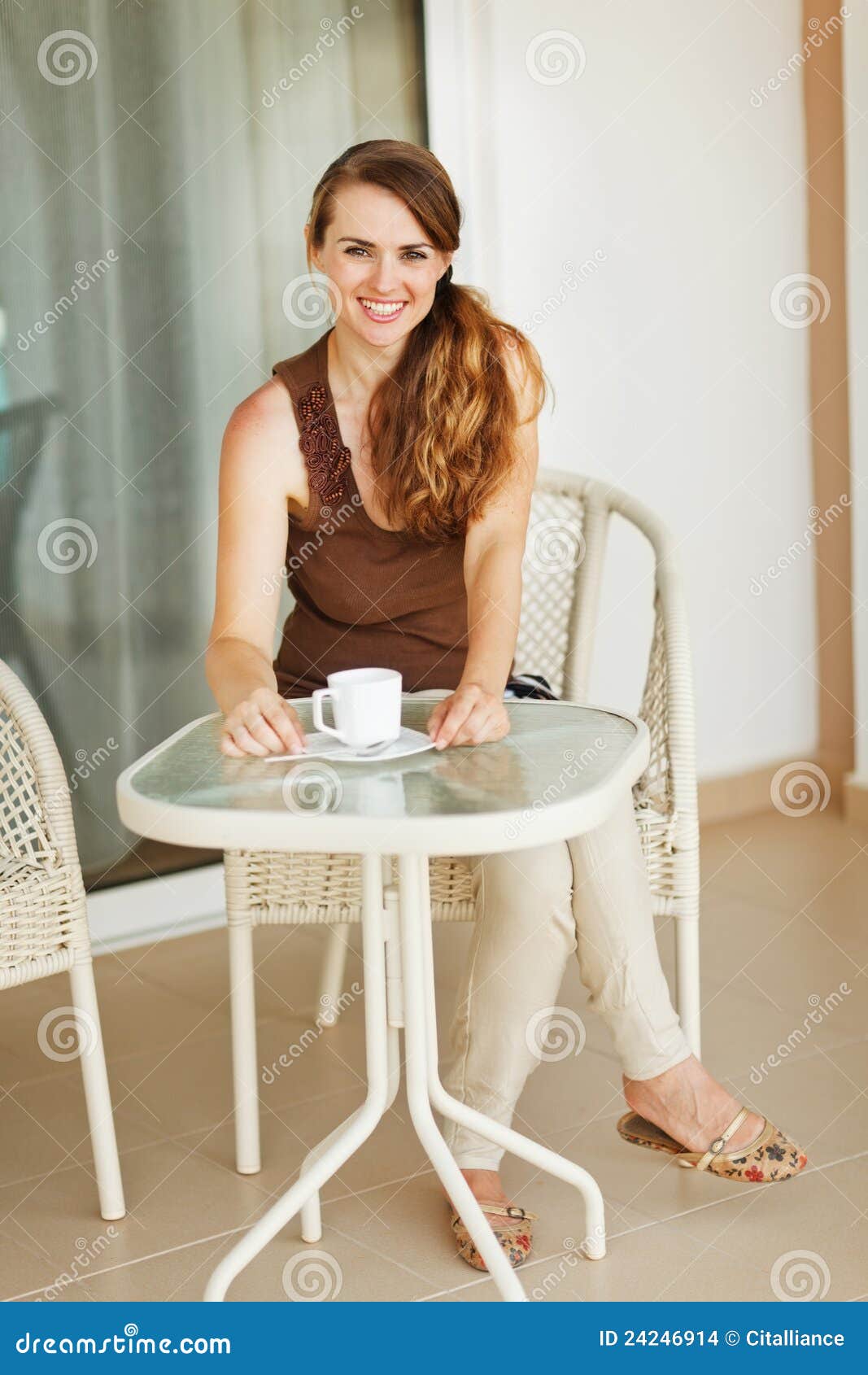 Smiling Young Woman Sitting on Terrace Stock Photo - Image of beautiful ...