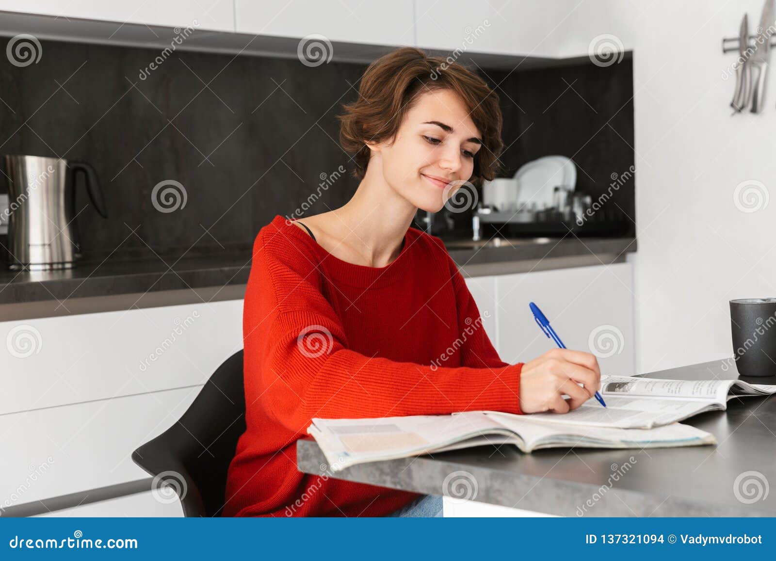 Smiling Young Woman Studying at the Table Stock Photo - Image of happy ...