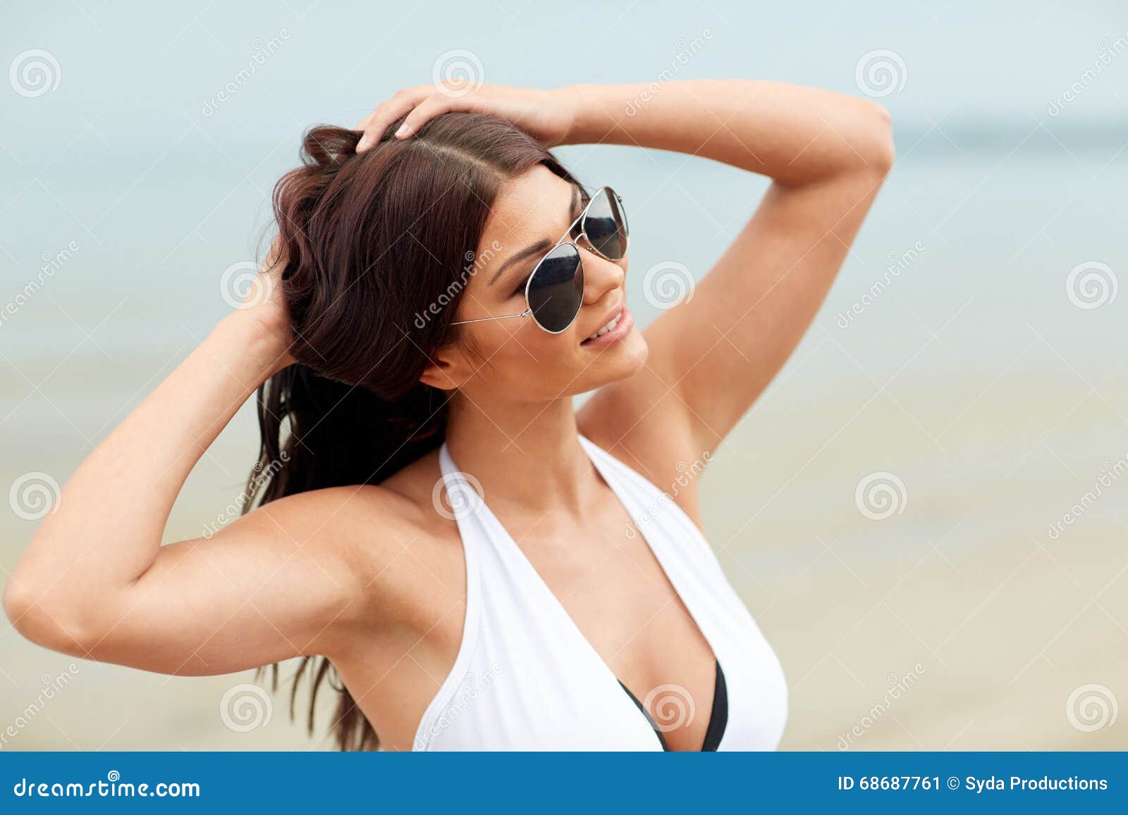 Smiling Young Woman With Sunglasses On Beach Stock Image Image Of