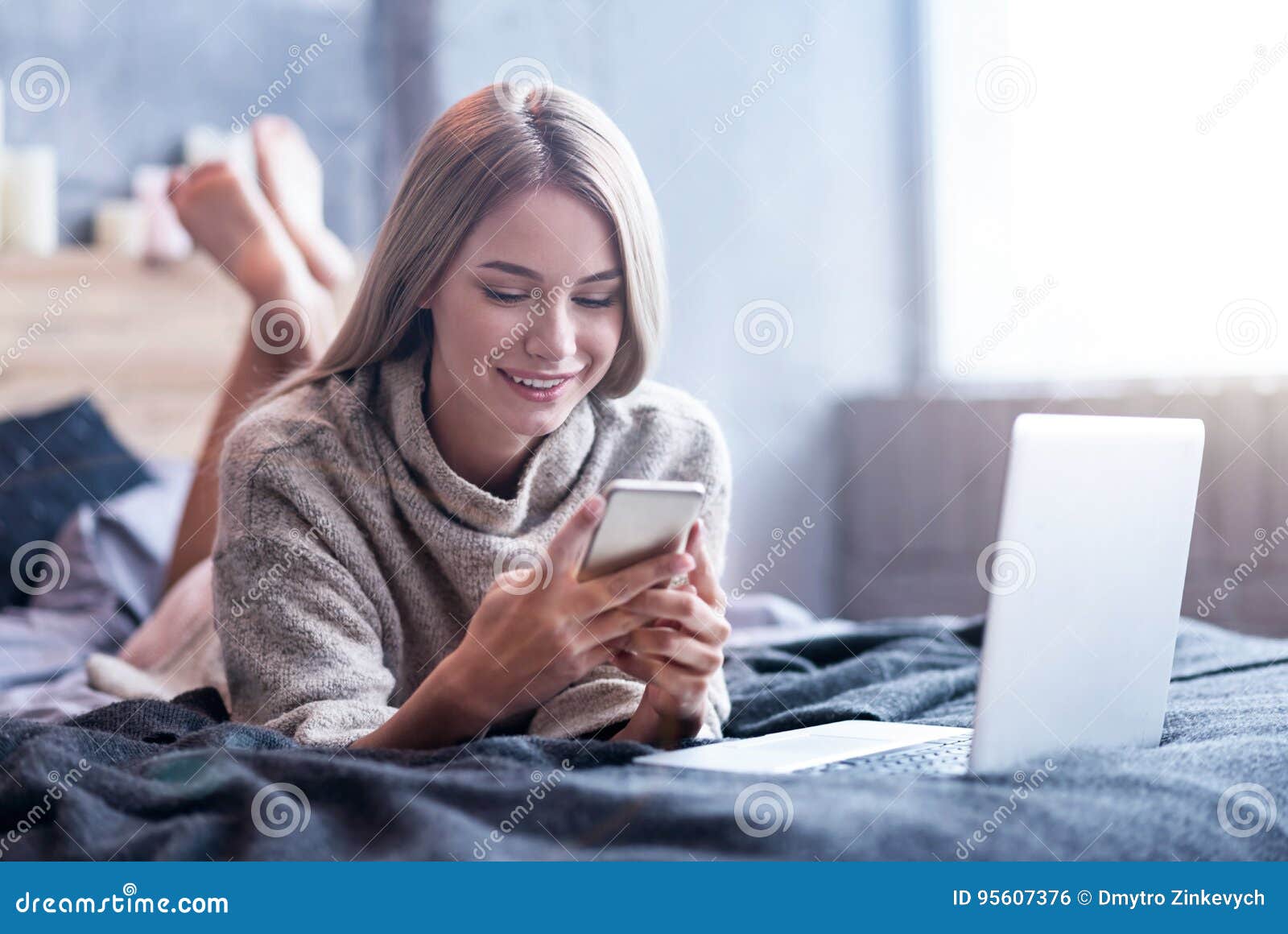 Smiling Young Woman Using Gadgets at Home Stock Photo - Image of device ...