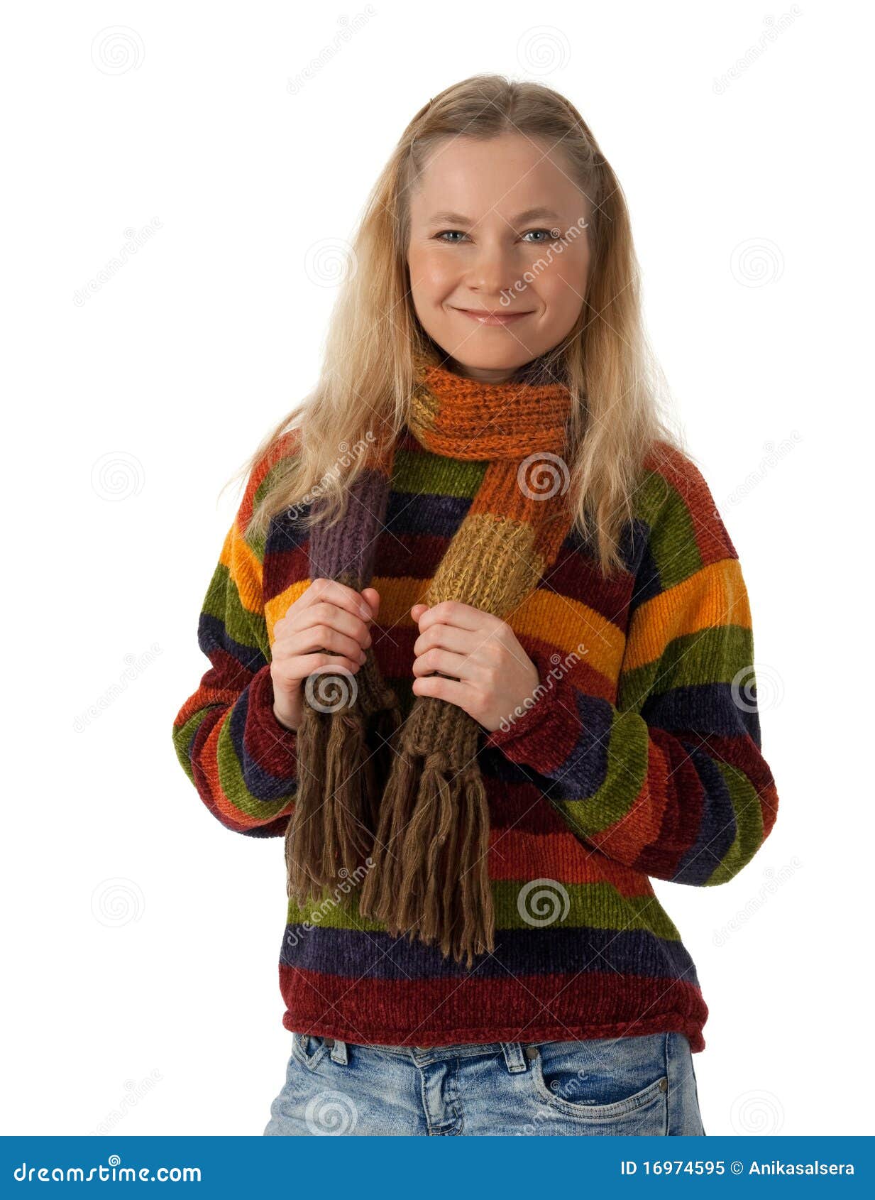 Smiling Young Woman Wearing Striped Sweater Stock Image Image Of