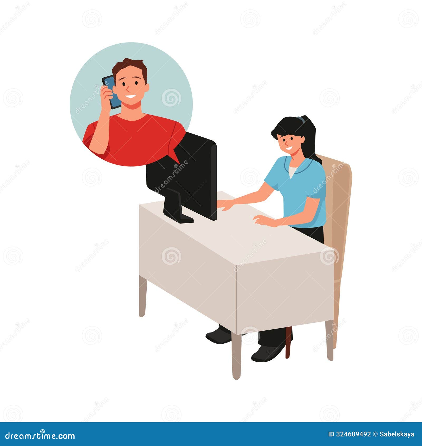 Smiling Young Woman Working in Call Center from Computer Client with ...