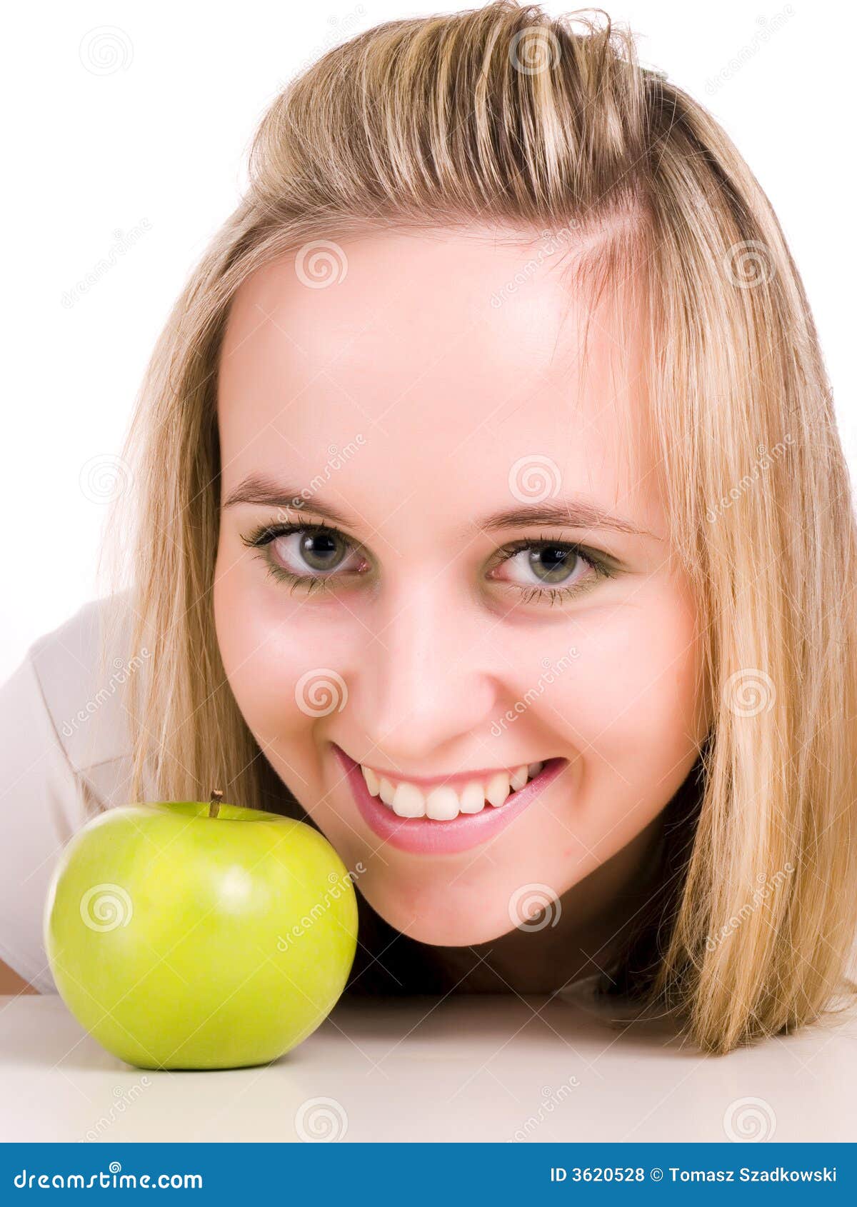 Smilling girl with apple stock photo. Image of apple, female - 3620528