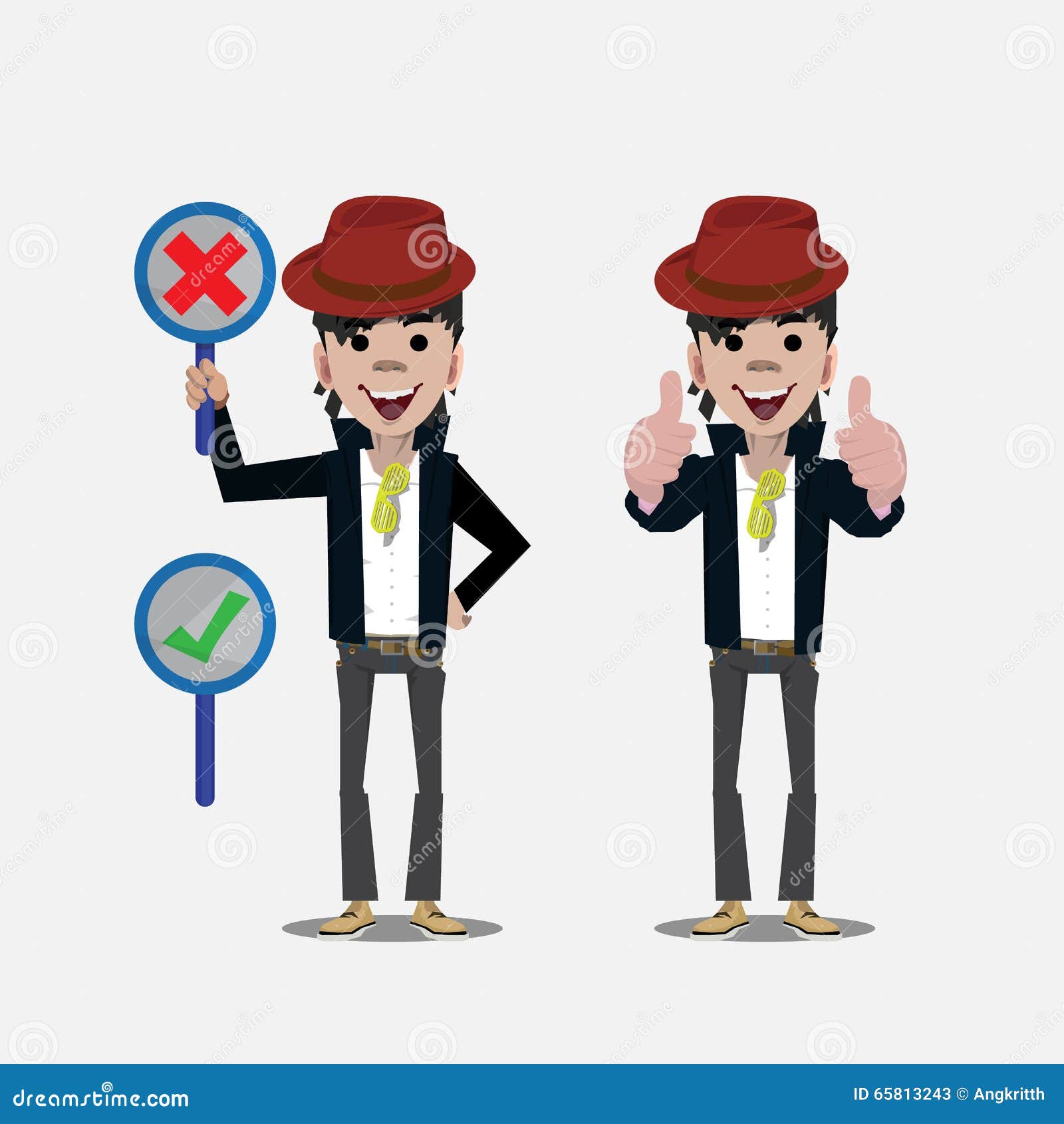 Smily Man with Right and Wrong Sign. Thumps Up - Stock Illustration ...