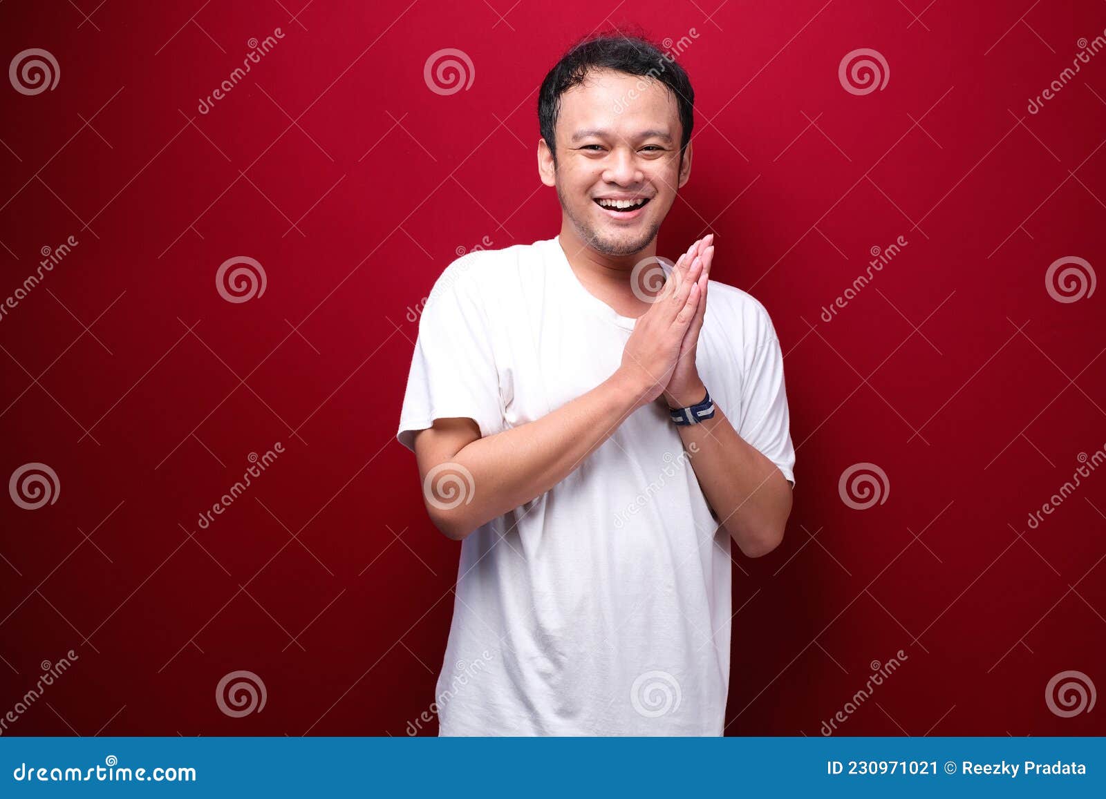 Smirk Smiling Face of Young Asian Man with Greeting Hand Stock Image ...