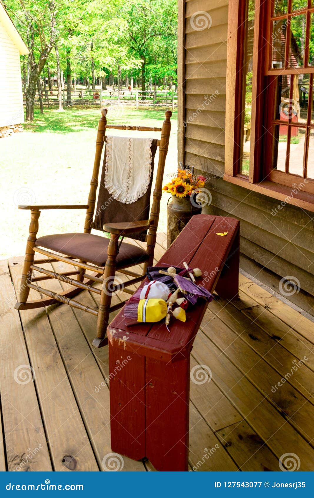 General Store Porch with Rocking Chair and Bench Stock Image - Image of ...