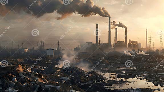Smog Filled Sunset Over Industrial Complex - Realistic Image Stock ...