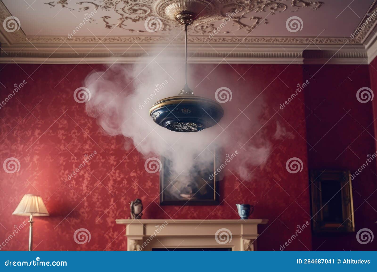 Smoke Alarm Mounted on a Ceiling with Smoke in Background Stock Image ...