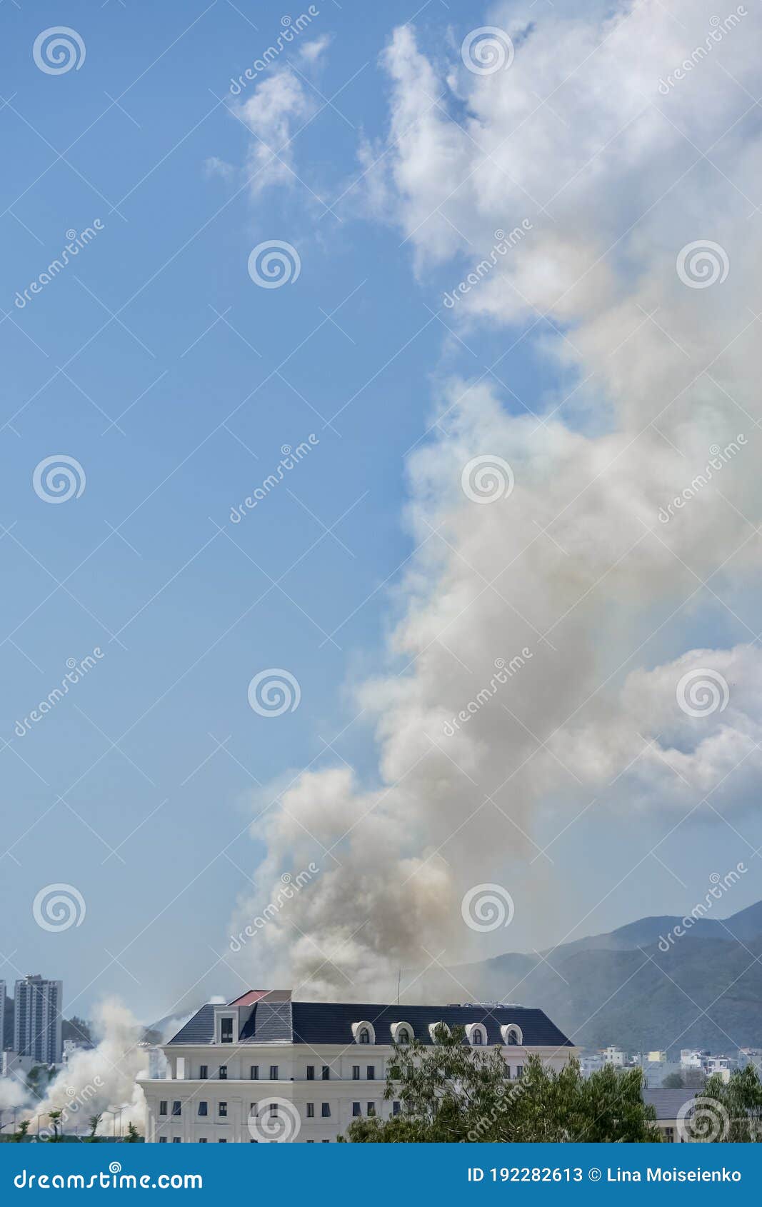 Smoke around the building stock image. Image of building - 192282613