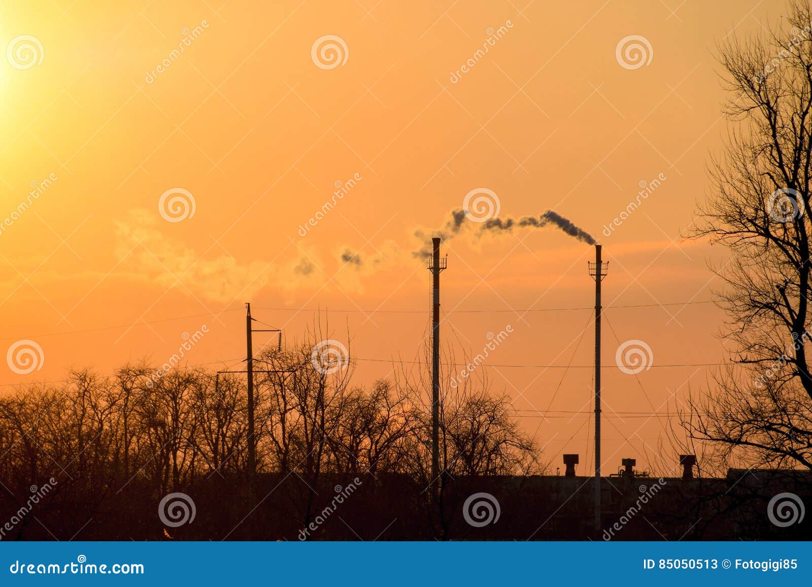 Smoke from the Boiler Pipes at Sunset. Winter Landscape Stock Image ...