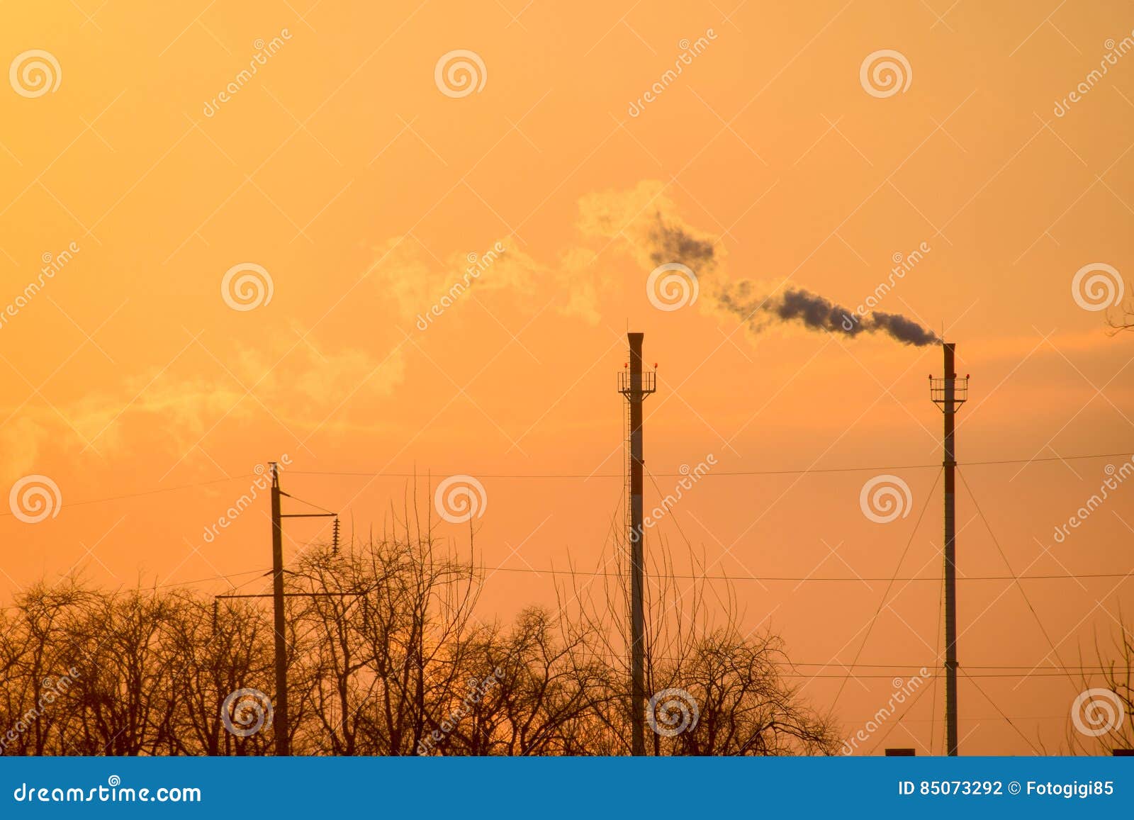 Smoke from the Boiler Pipes at Sunset. Winter Landscape Stock Photo ...