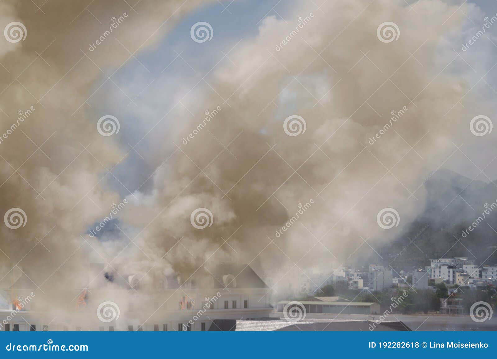 Smoke above building stock photo. Image of damage, flame - 192282618