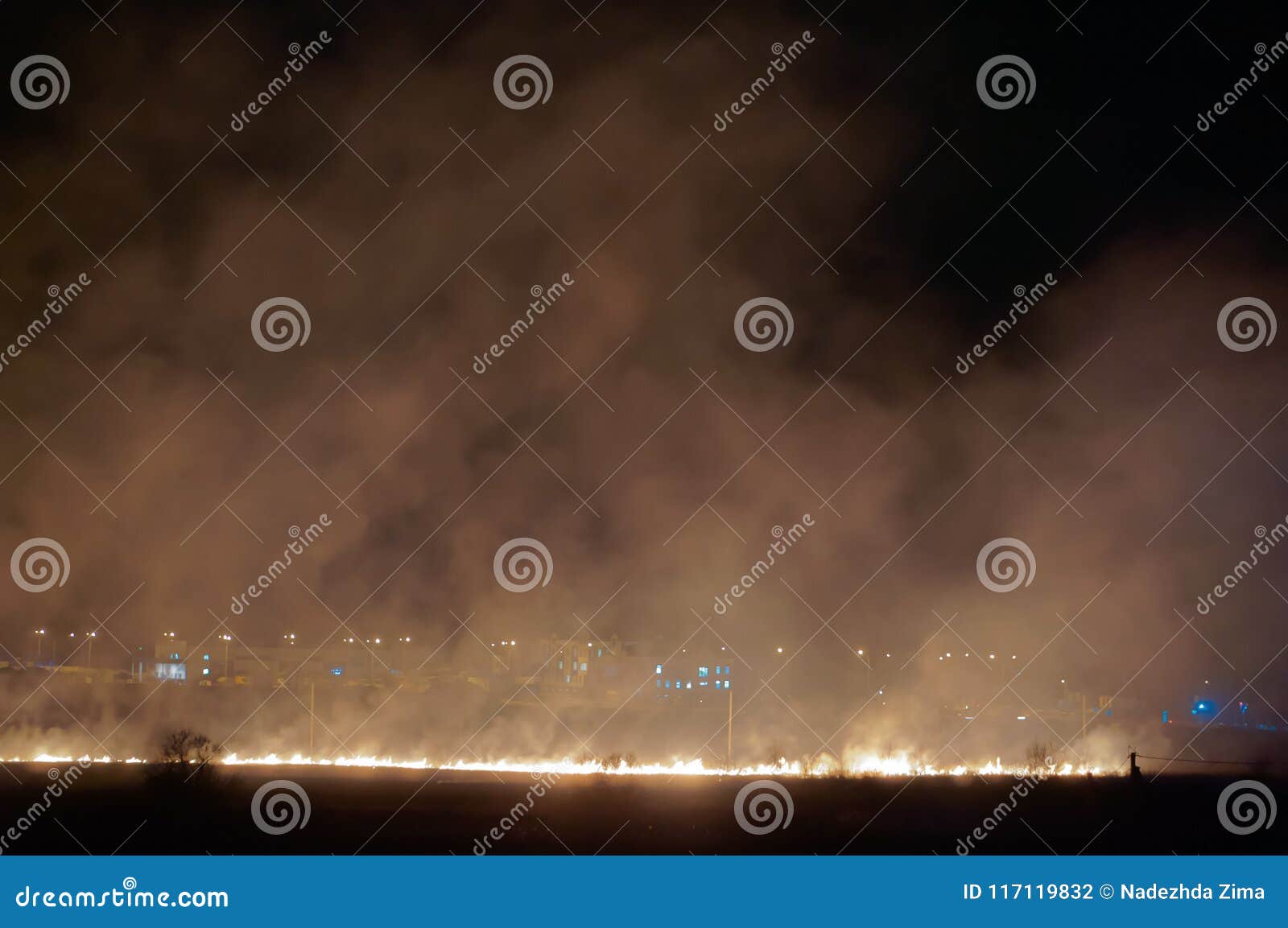 Fire in the Field at Night, Burning Grass on the Field, the Smoke from ...